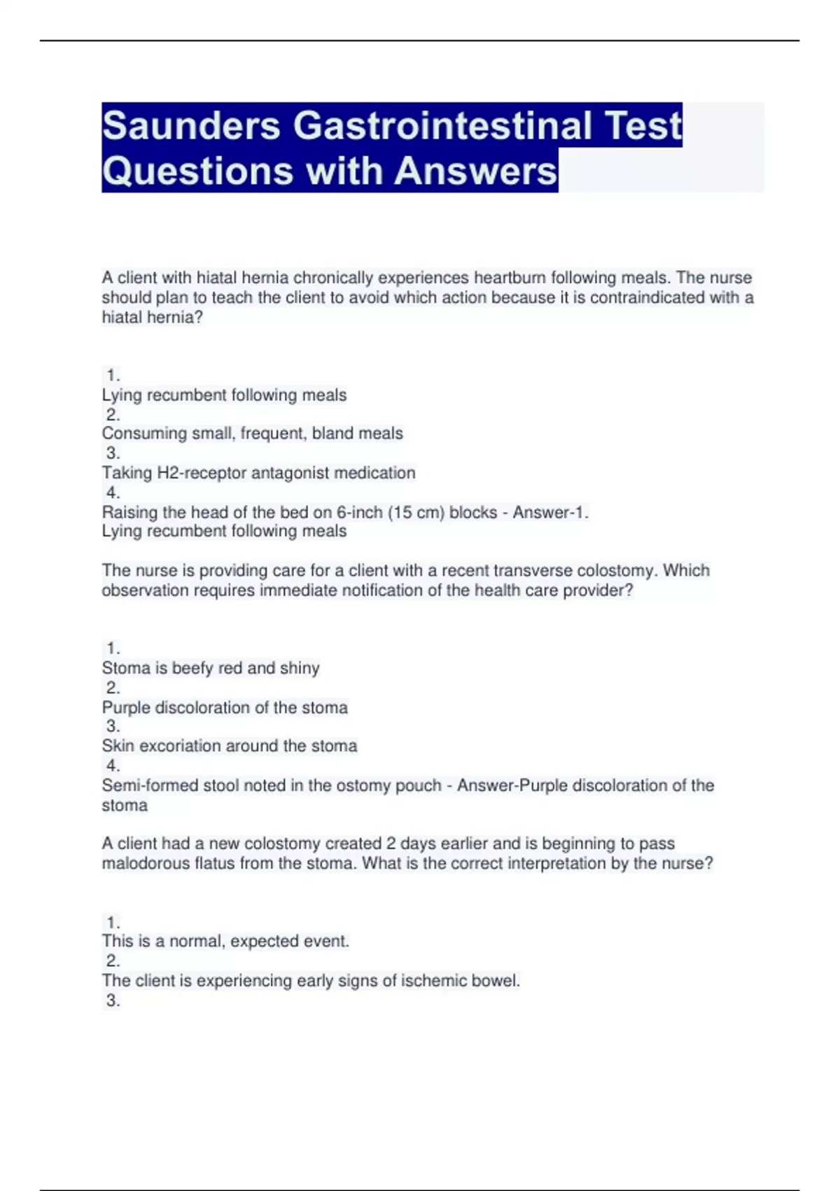 Saunders Gastrointestinal Test Questions with Answers - Saunders ...