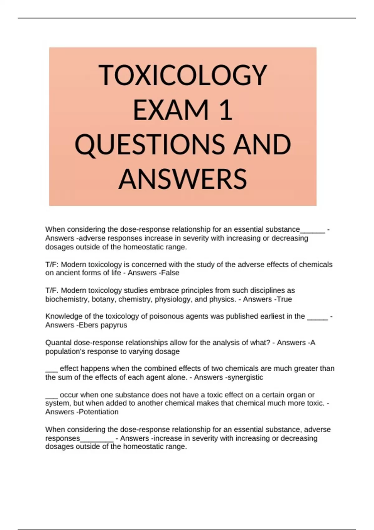 TOXICOLOGY EXAM 1 QUESTIONS AND ANSWERS - TOXICOLOGY - Stuvia US