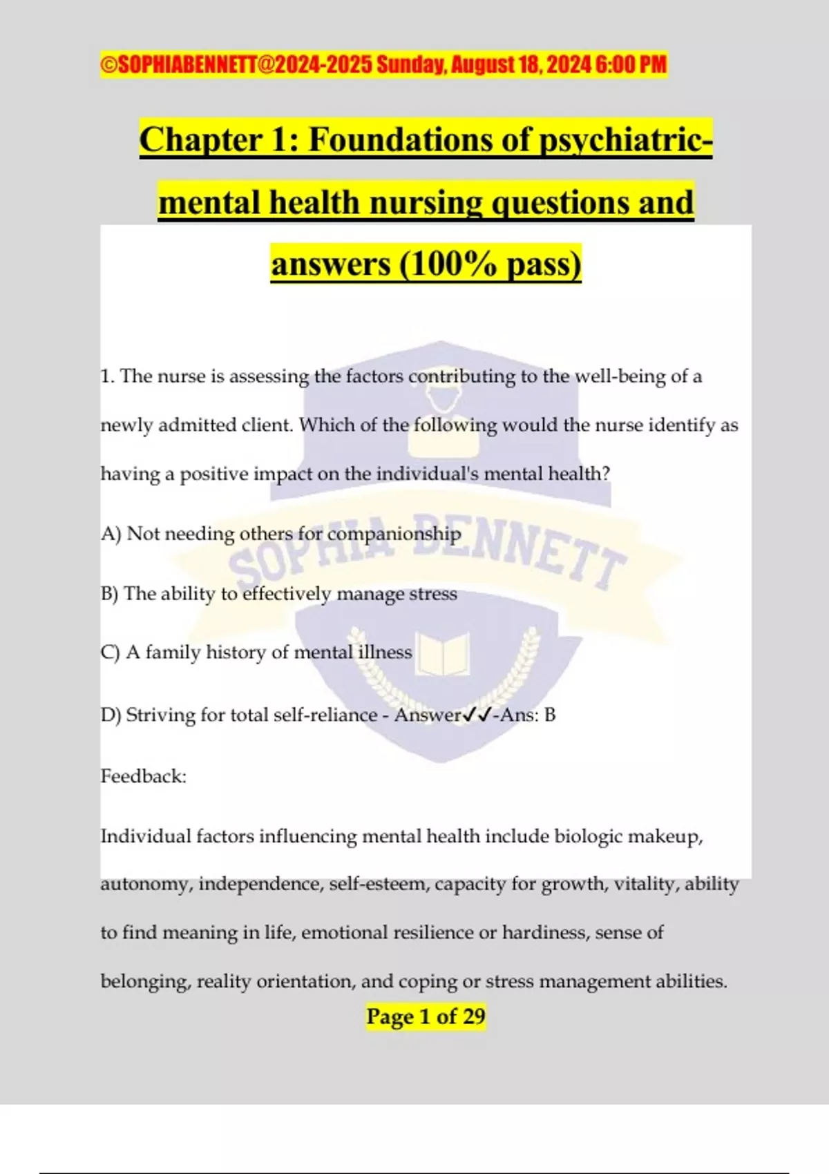 Chapter 1: Foundations of psychiatric- mental health nursing questions ...
