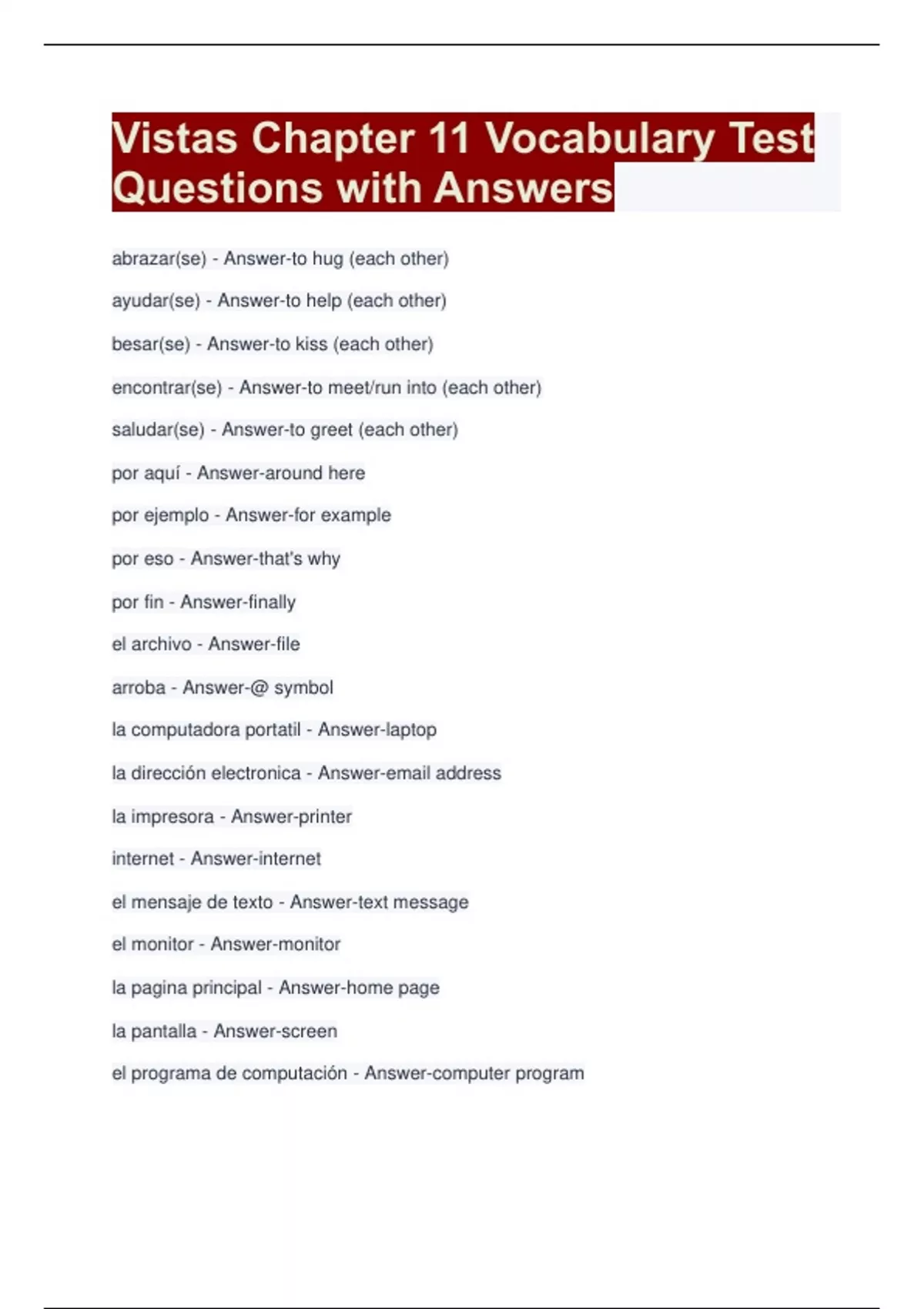 Vistas Chapter 11 Vocabulary Test Questions with Answers - Vistas ...
