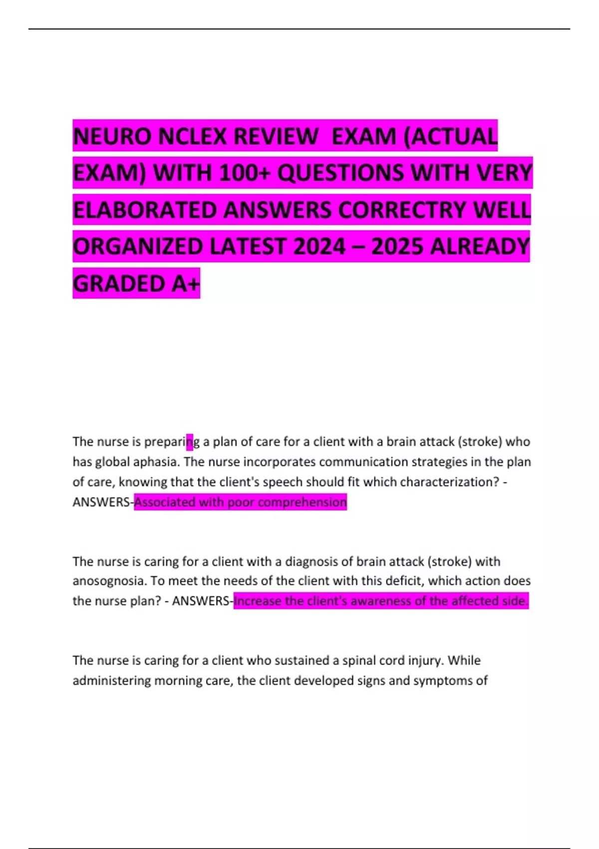 NEURO NCLEX REVIEW EXAM (ACTUAL EXAM) WITH 100+ QUESTIONS WITH VERY ...