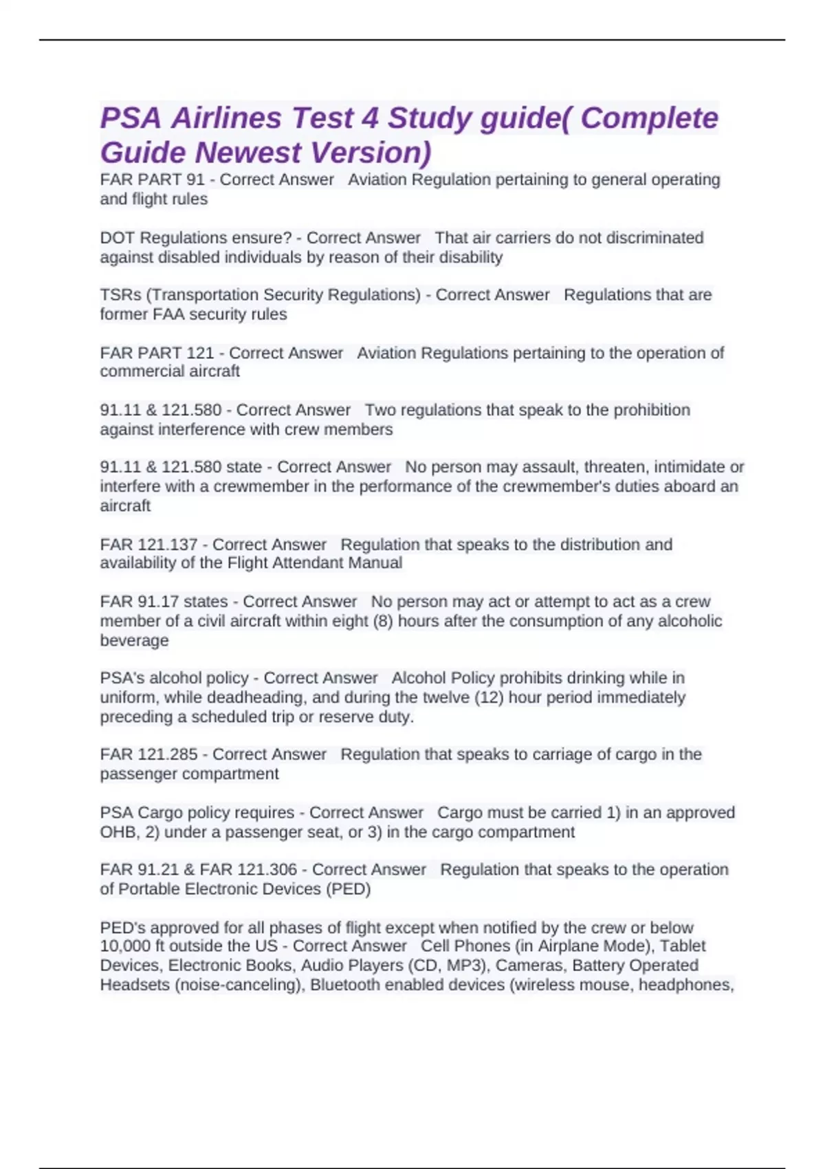 PSA Airlines Test 4 Study guide( Complete Guide Newest Version) - PSA ...