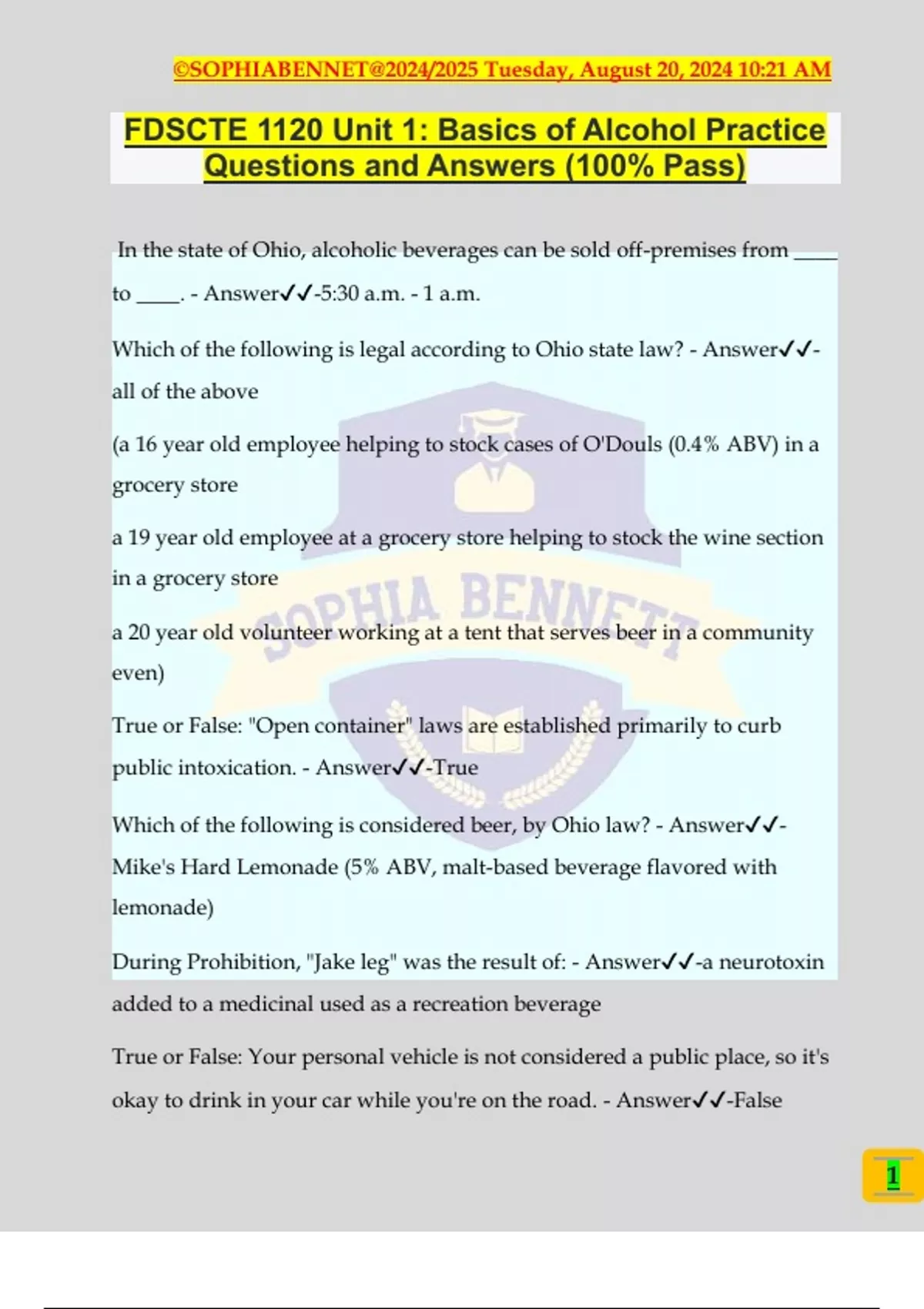 FDSCTE 1120 Unit 1: Basics of Alcohol Practice Questions and Answers ...