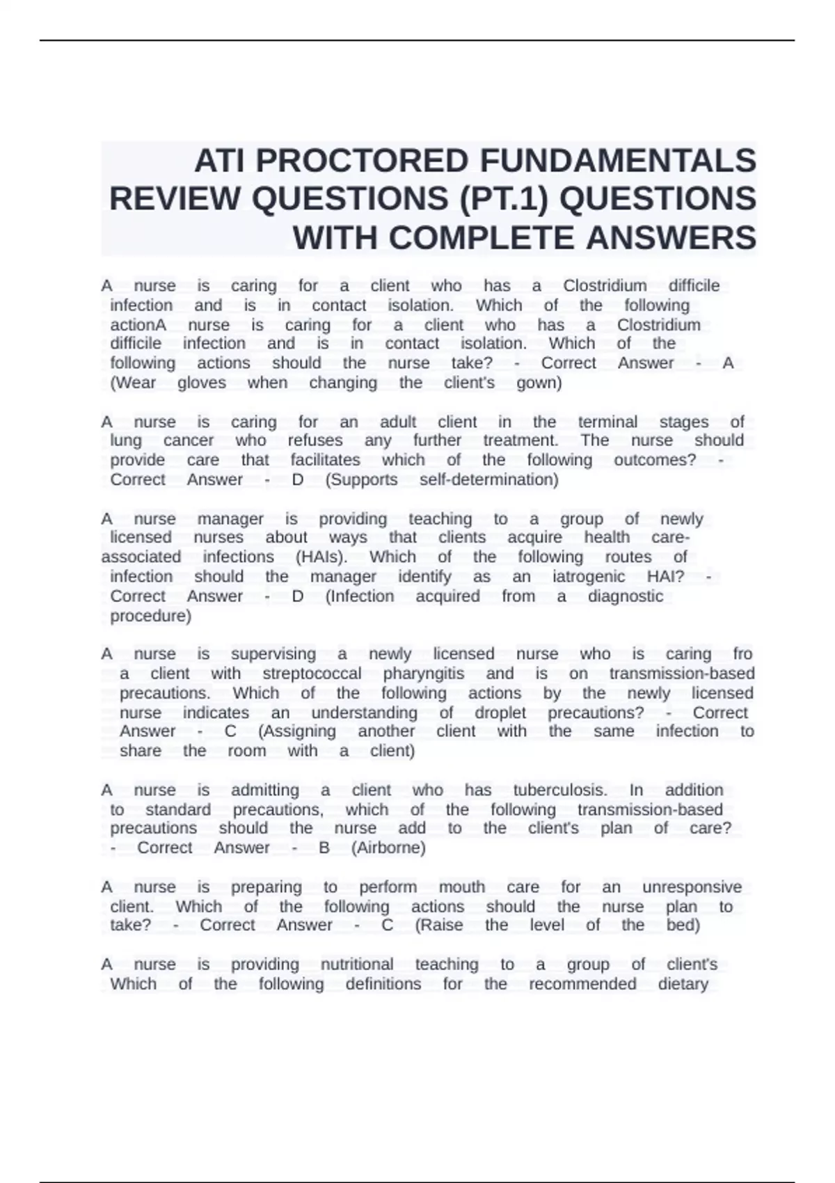 ATI PROCTORED FUNDAMENTALS REVIEW QUESTIONS (PT.1) QUESTIONS WITH ...