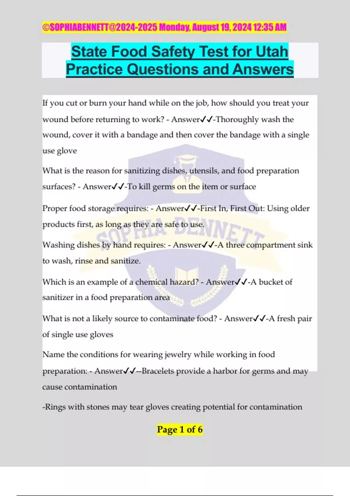 State Food Safety Test for Utah Practice Questions and Answers - Food ...