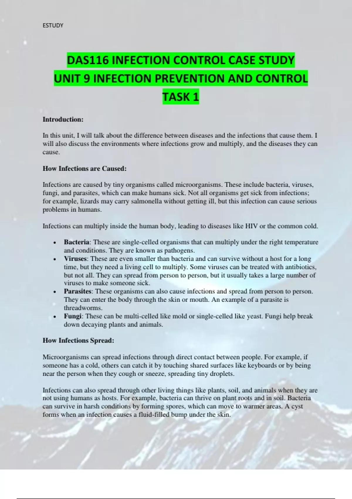 DAS116 INFECTION CONTROL CASE STUDY UNIT 9 INFECTION PREVENTION AND ...