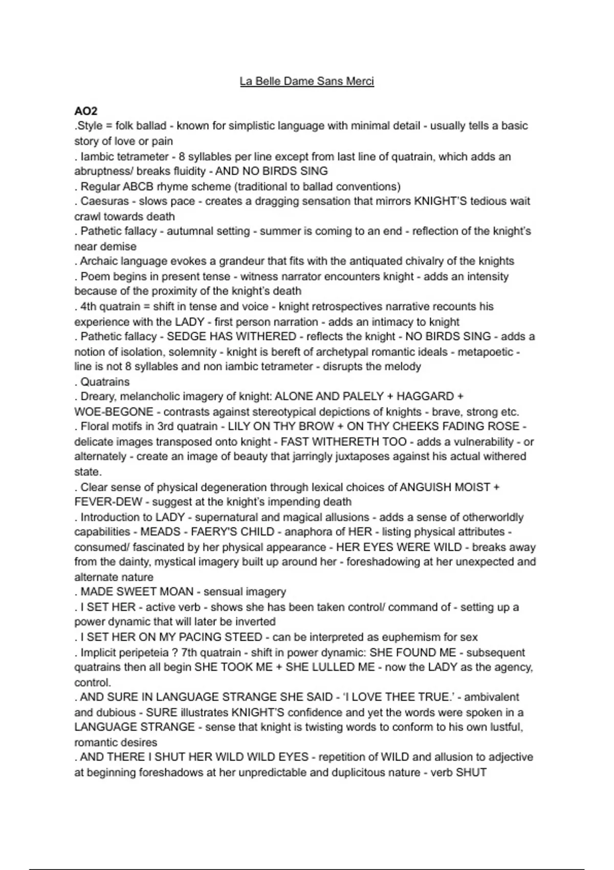 Detailed notes covering all AO's of 'La Belle Dame Sans Merci ...