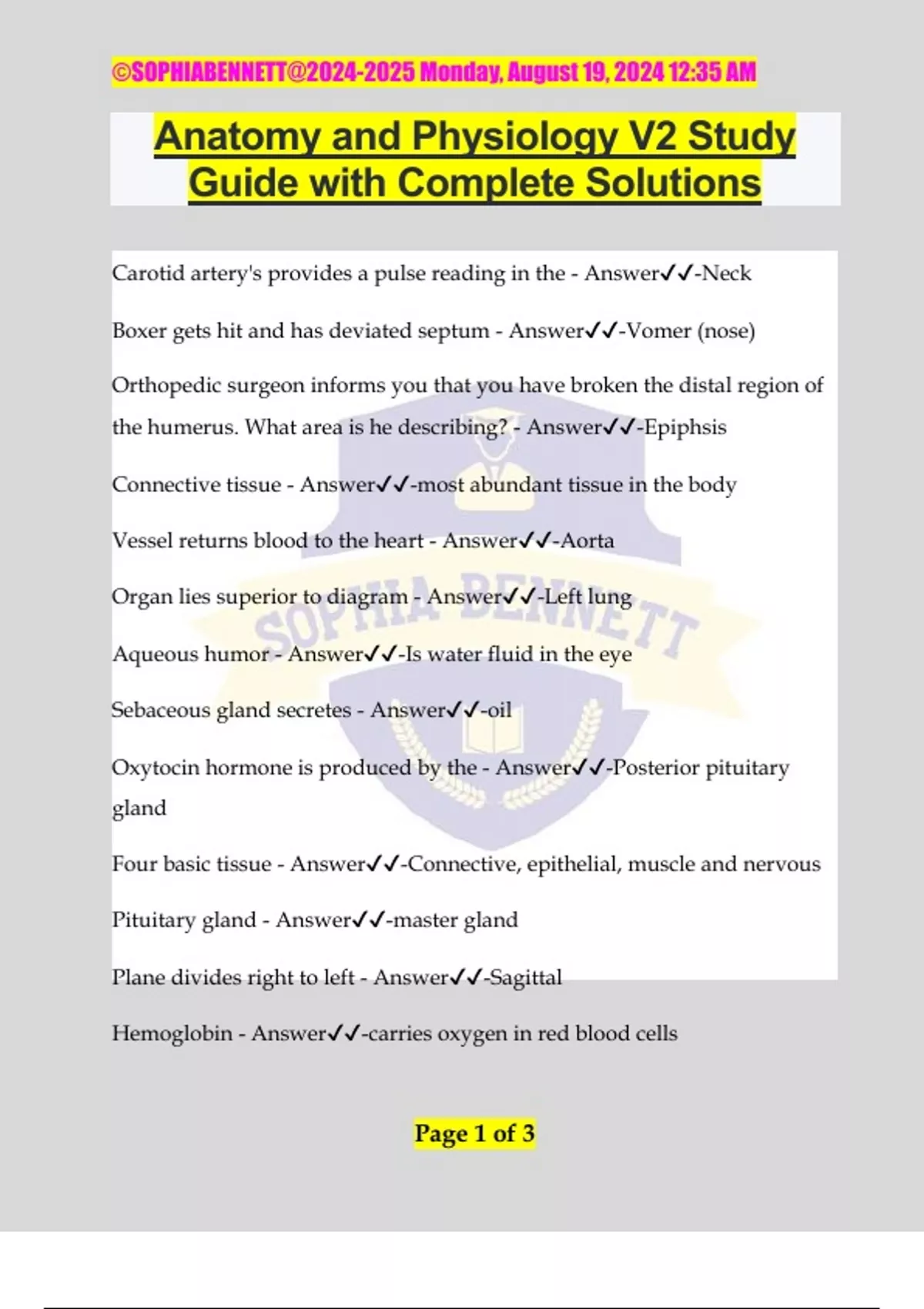Anatomy and Physiology V2 Study Guide with Complete Solutions - Hesi A2 ...
