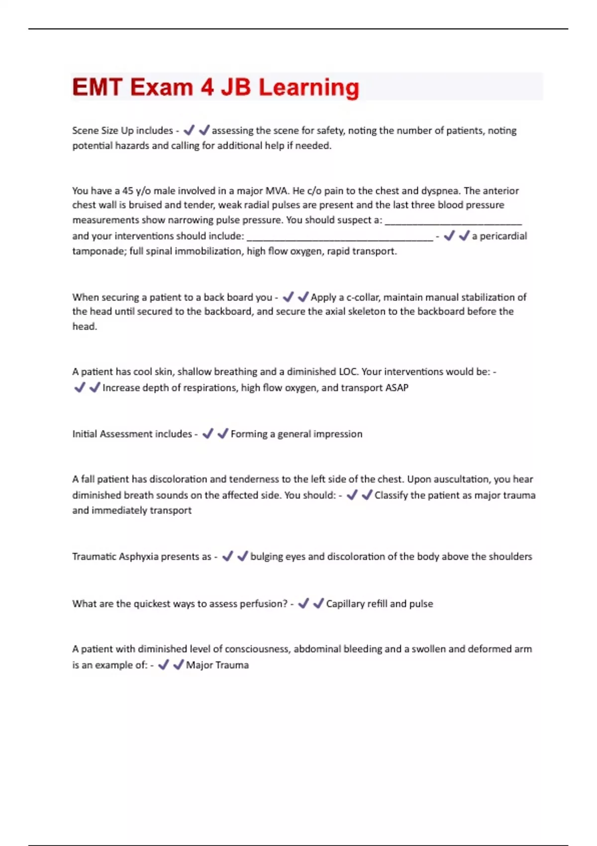 EMT Exam 4 JB Learning Questions With Answers Graded A+ Assured Success ...