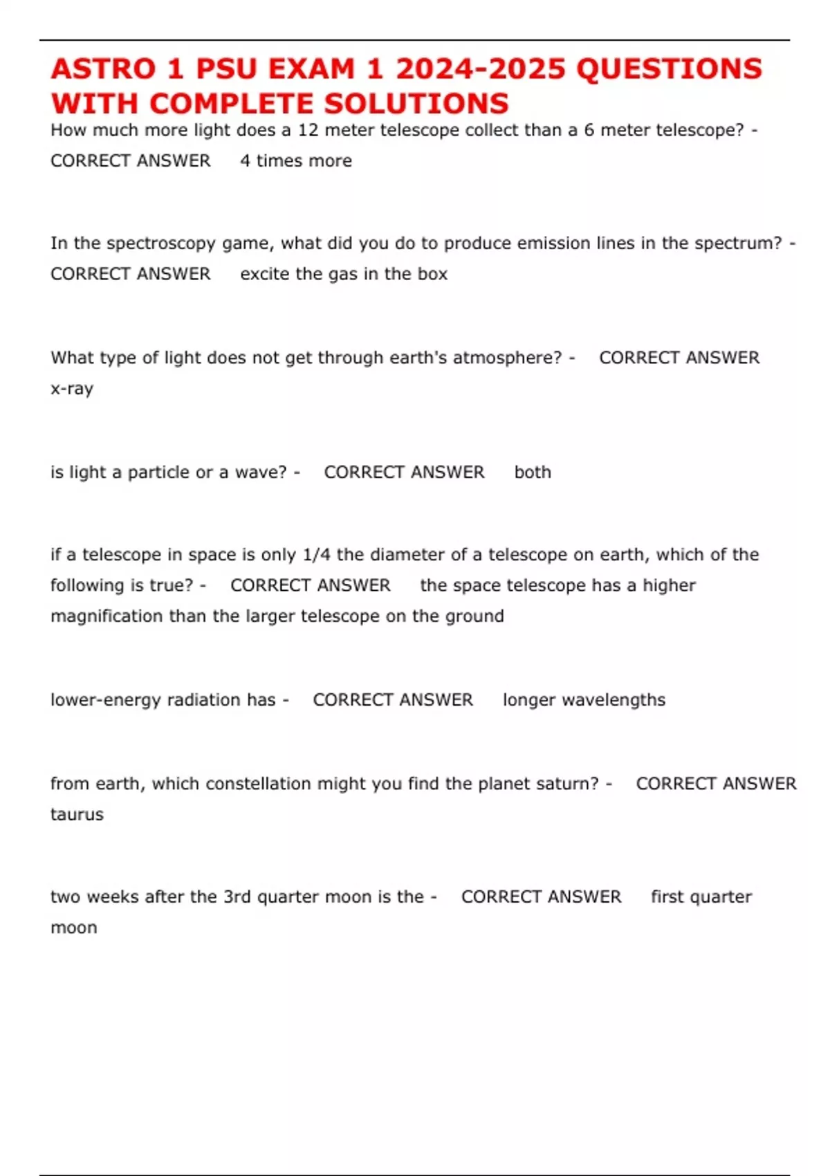 ASTRO 1 PSU EXAM QUESTIONS WITH COMPLETE SOLUTIONS - ASTRO 1 PSU ...