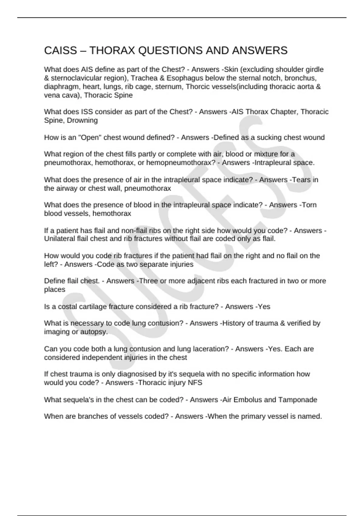 CAISS – THORAX QUESTIONS AND ANSWERS - CAISS – THORAX - Stuvia US