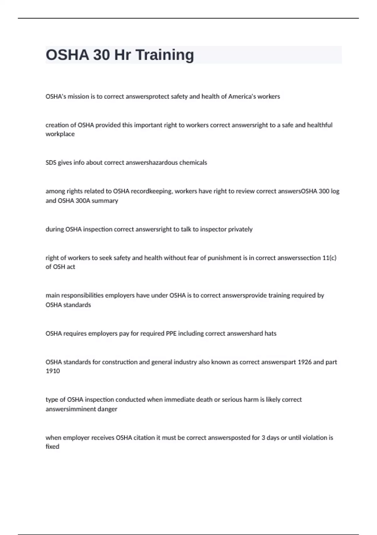 OSHA 30 Hr Training exam 2024 with 100% correct answers - OSHA 30 Hr ...