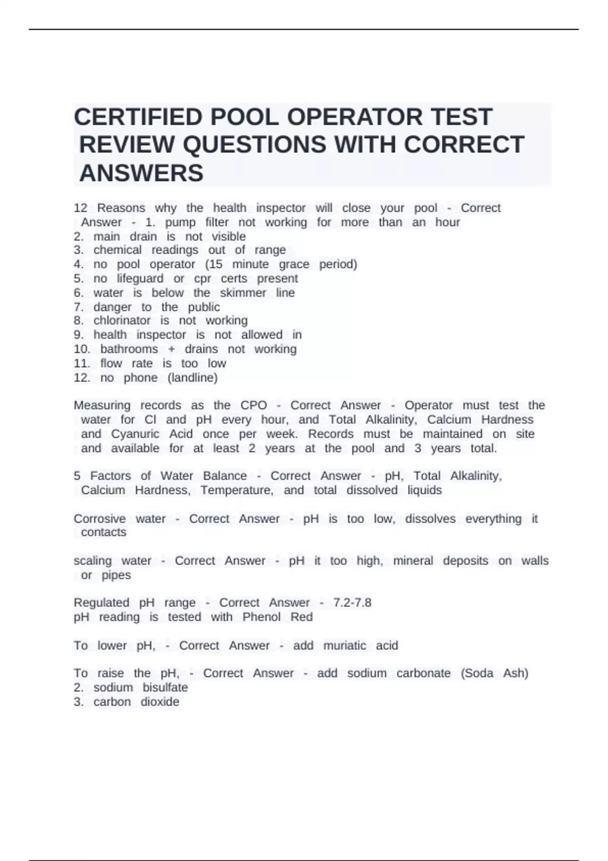 CERTIFIED POOL OPERATOR TEST REVIEW QUESTIONS WITH CORRECT ...