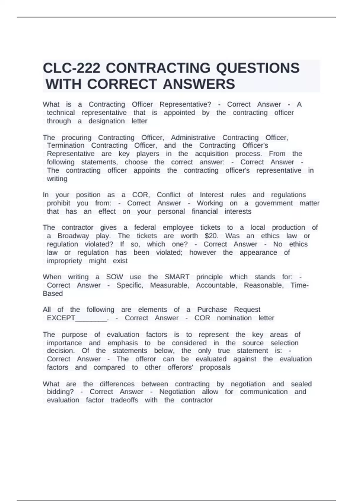 CLC-222 CONTRACTING QUESTIONS WITH CORRECT ANSWERS CLC-222 CONTRACTING ...