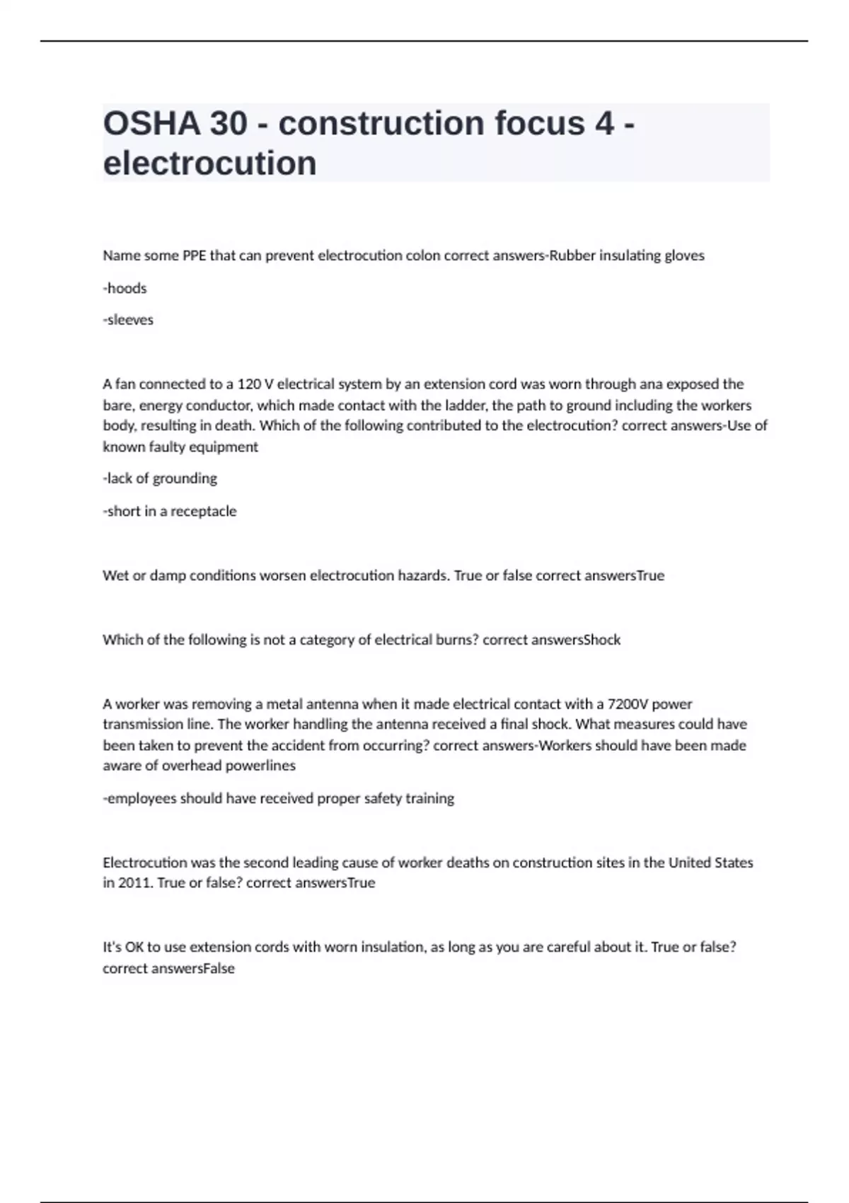 OSHA 30 - construction focus 4 - electrocution exam 2024 with verified ...