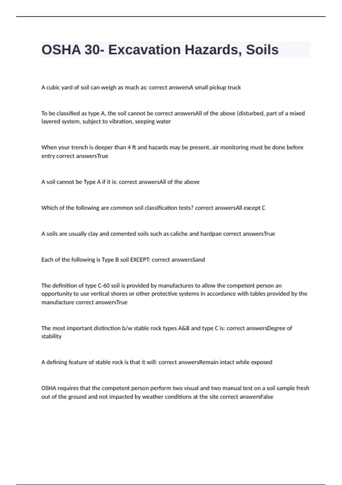 OSHA 30- Excavation Hazards, Soils exam 2024 with 100% correct answers ...