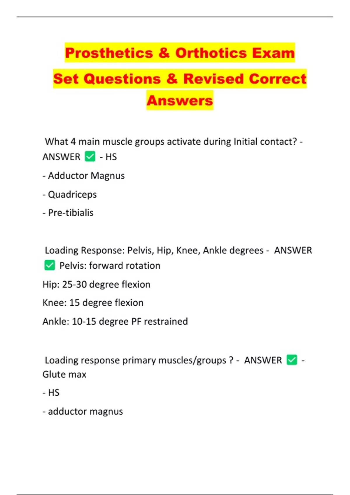Prosthetics & Orthotics Exam Set Questions & Revised Correct Answers ...