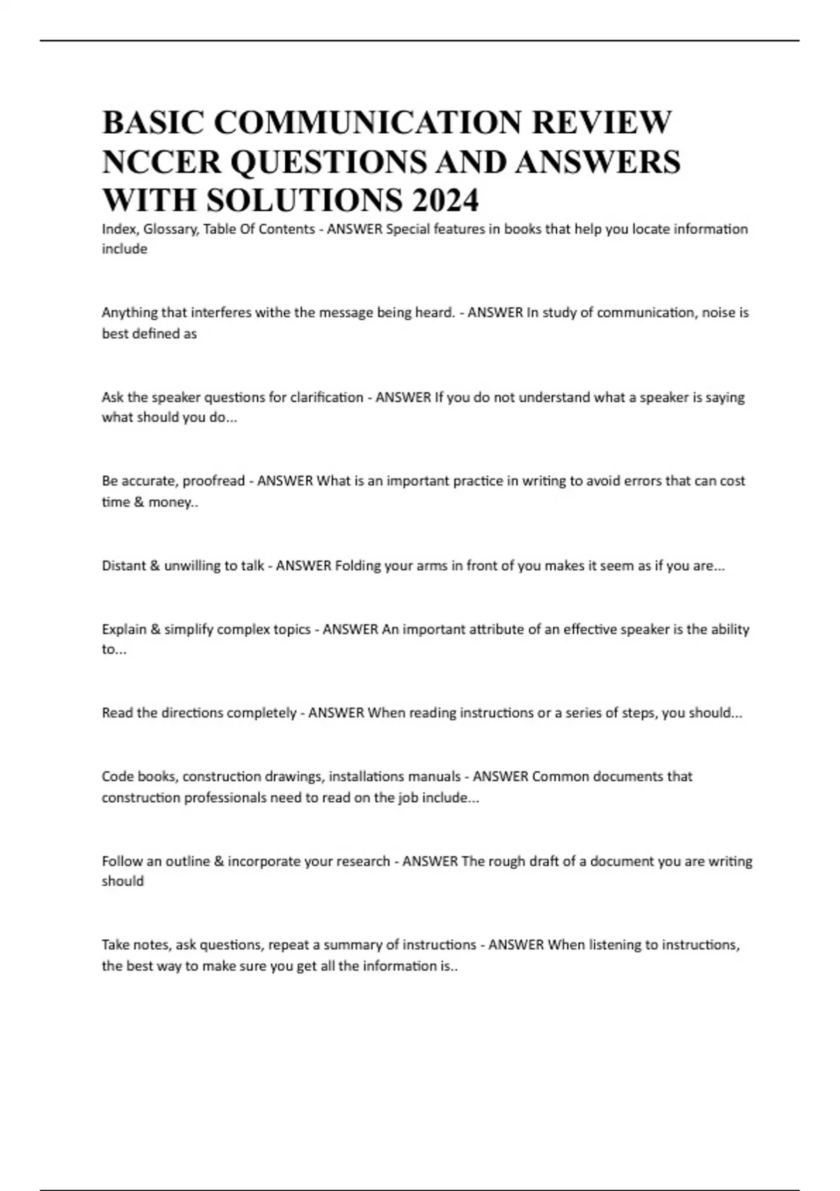 BASIC COMMUNICATION REVIEW NCCER QUESTIONS AND ANSWERS WITH SOLUTIONS ...
