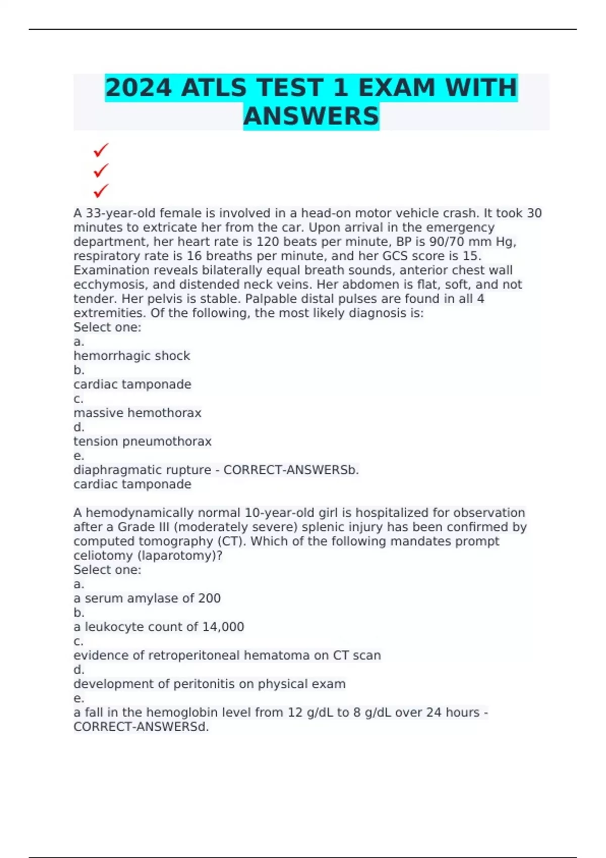 2024 ATLS TEST 1 EXAM WITH ANSWERS - ATLS - Stuvia US