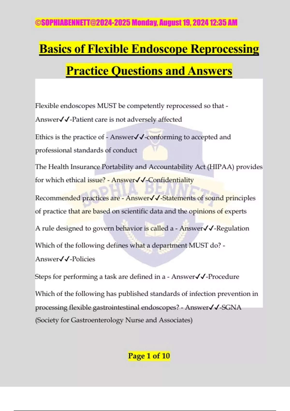 Basics of Flexible Endoscope Reprocessing Practice Questions and ...