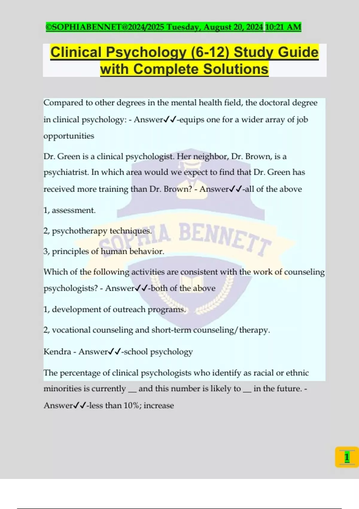 Clinical Psychology (6-12) Study Guide with Complete Solutions ...