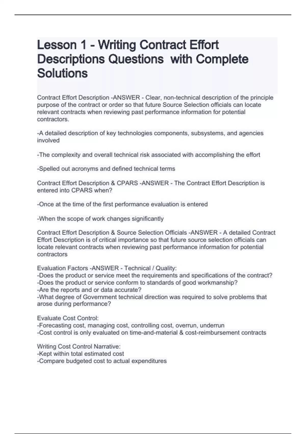 Lesson 1 - Writing Contract Effort Descriptions Questions with Complete ...