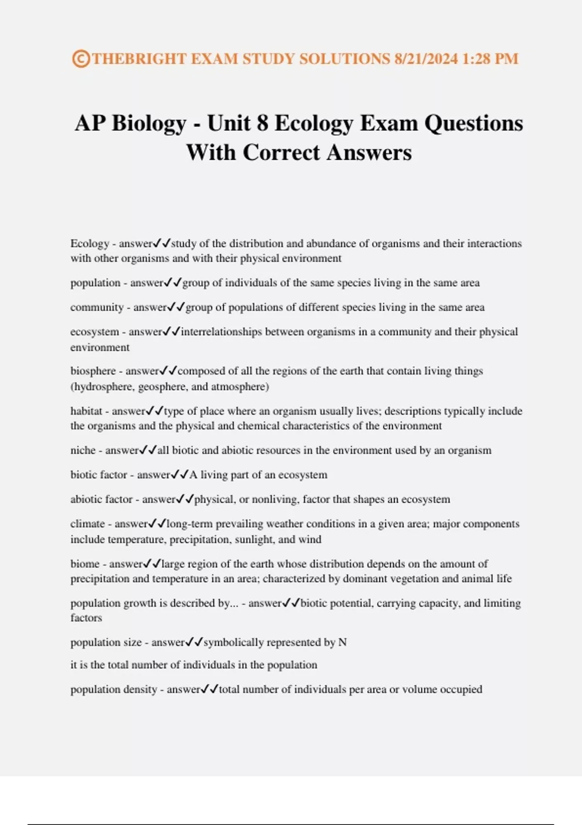 AP Biology - Unit 8 Ecology Exam Questions With Correct Answers - AP ...