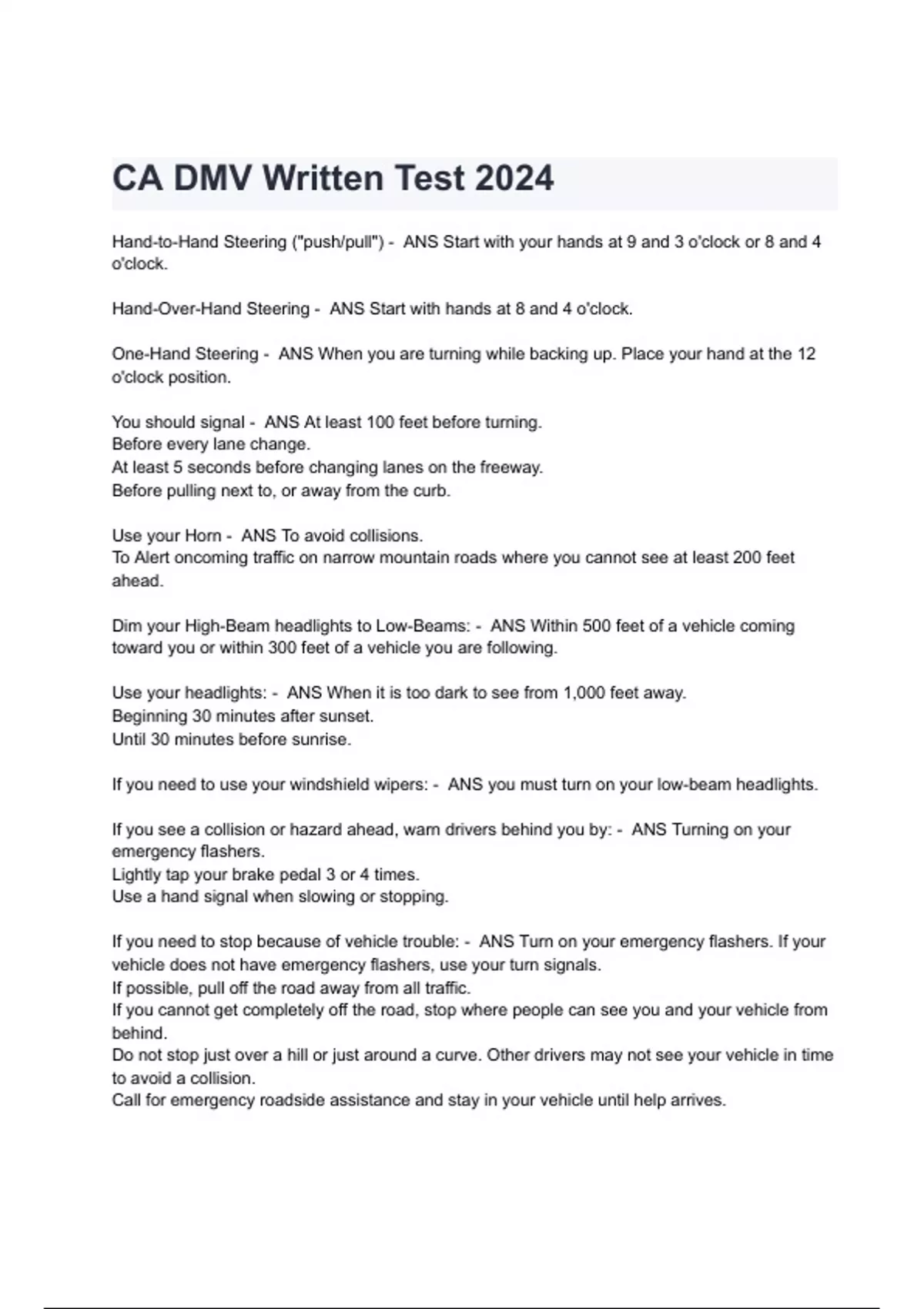 CA DMV Written Test 2024 Questions with correct Answers 2024( A+ GRADED ...