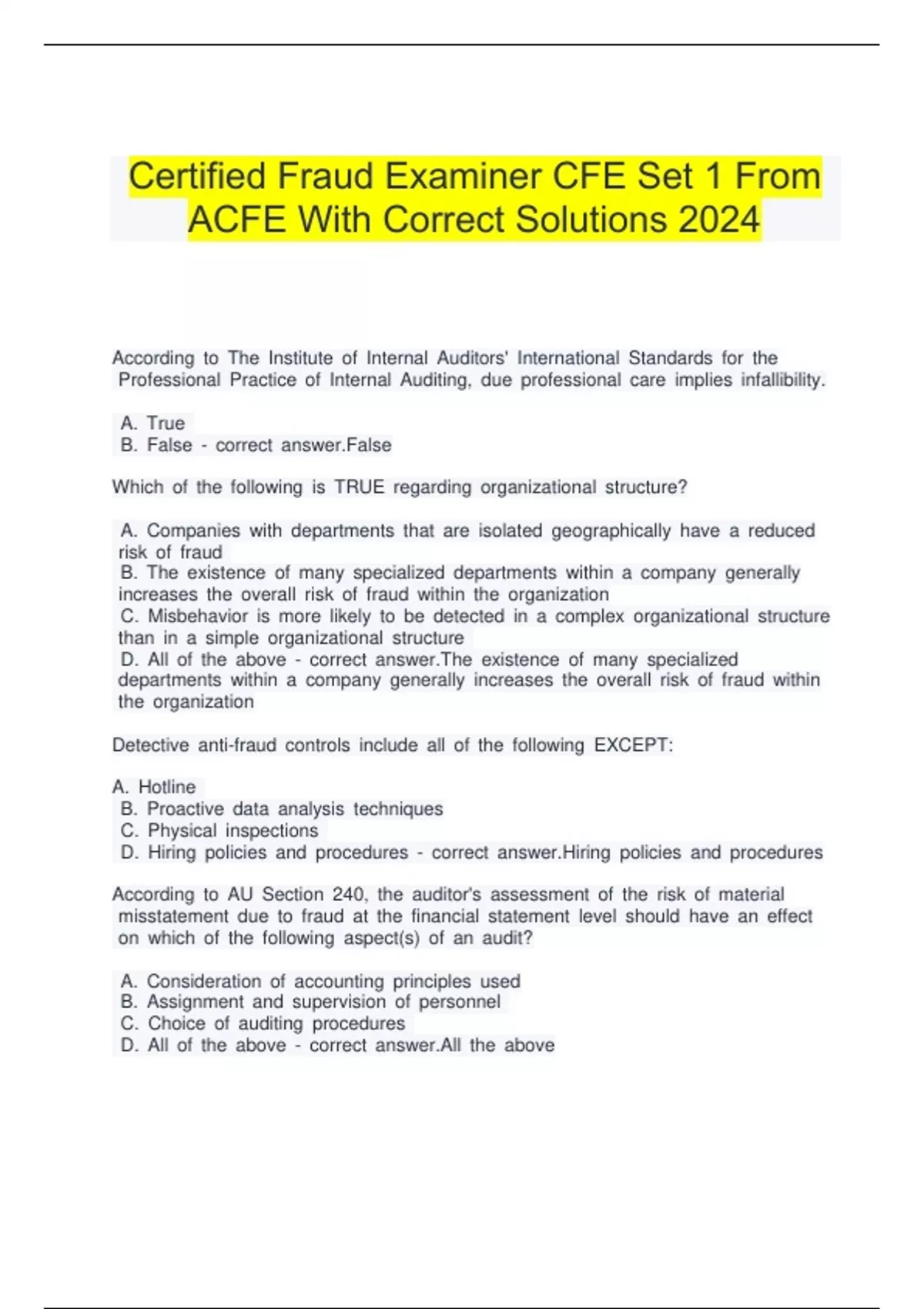 Certified Fraud Examiner CFE Set 1 From ACFE With Correct Solutions ...