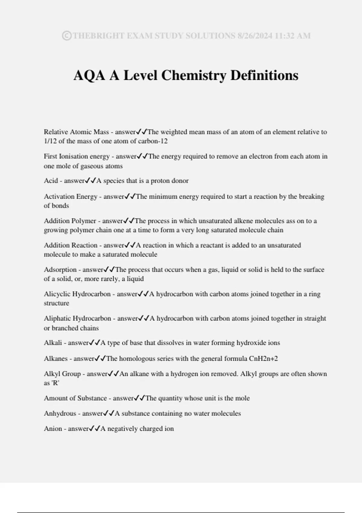 AQA A Level Chemistry Definitions - AQA A Level Chemistry - Stuvia US