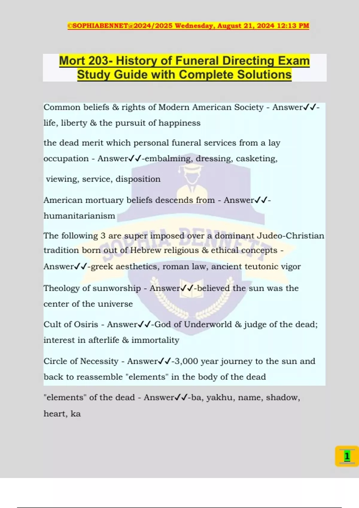 Mort 203- History of Funeral Directing Exam Study Guide with Complete ...