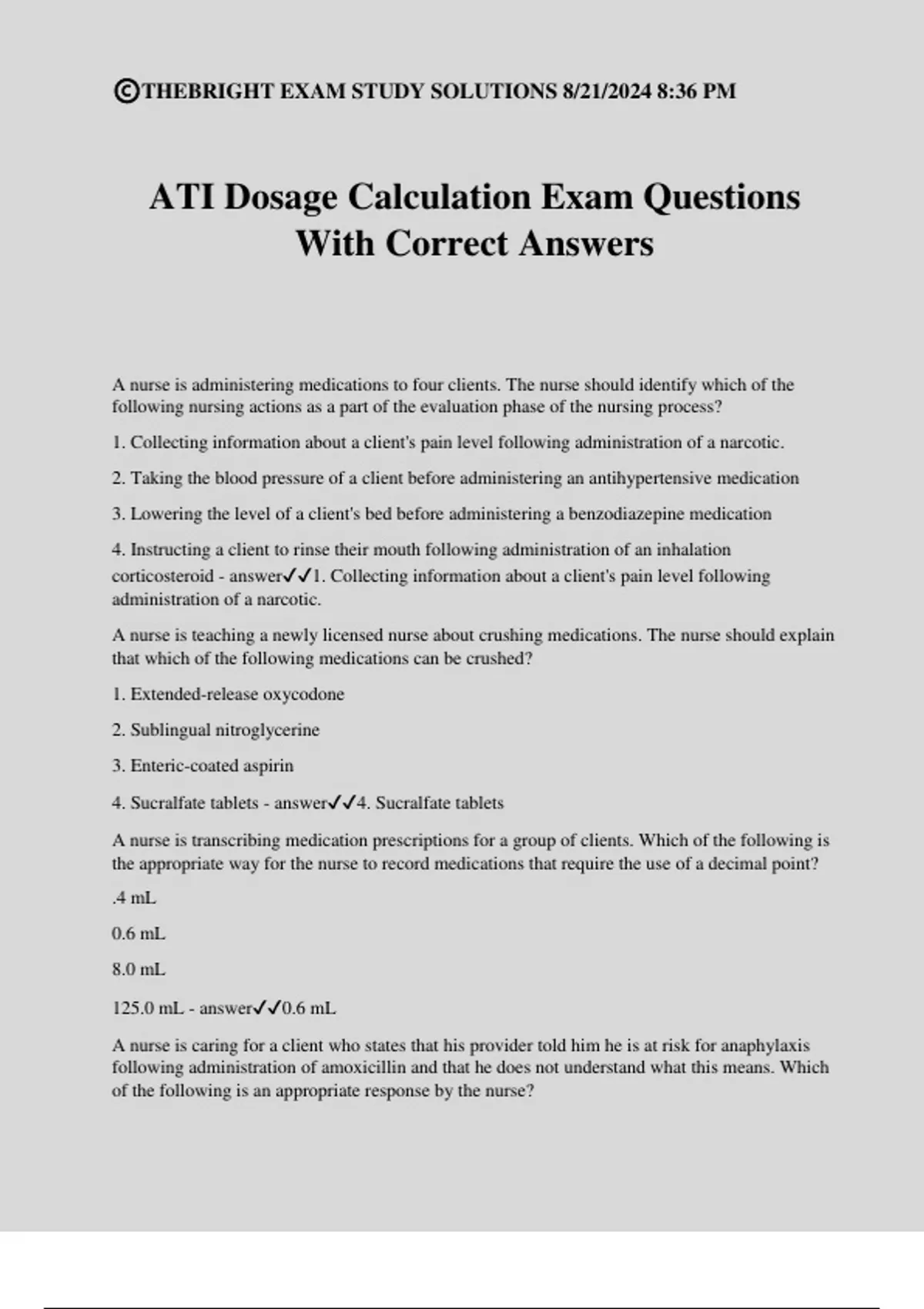 ATI Dosage Calculation Exam Questions With Correct Answers - ATI Dosage ...