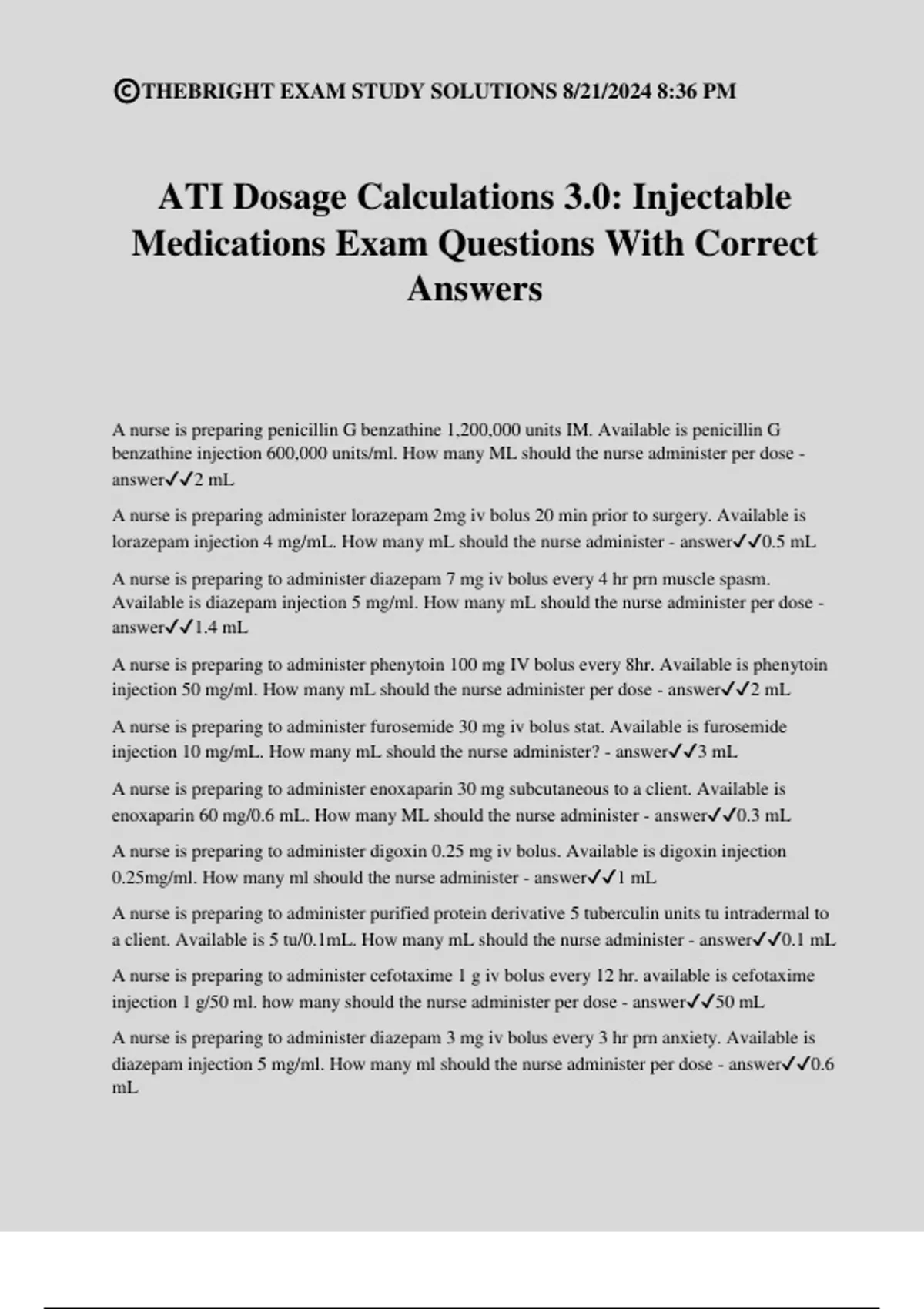 ATI Dosage Calculations 3.0: Injectable Medications Exam Questions With ...