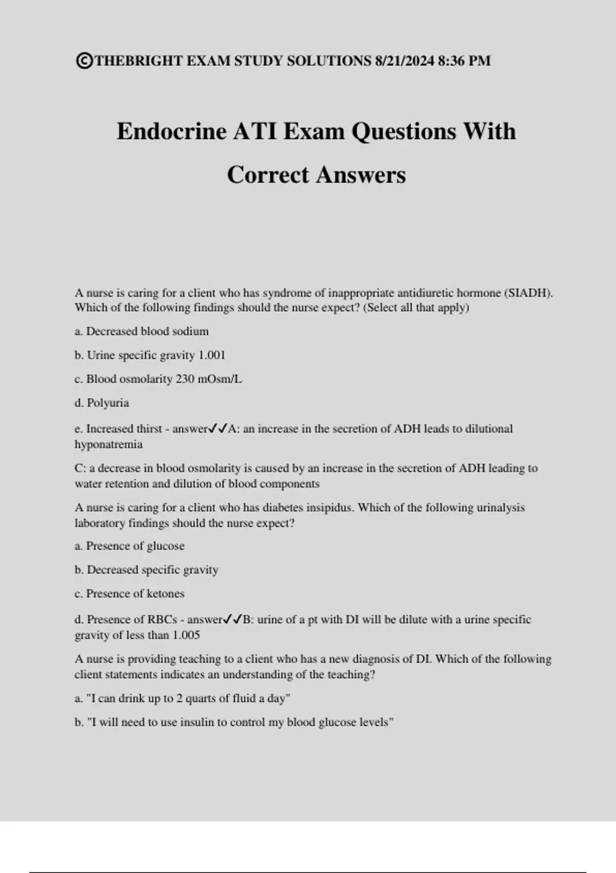 Endocrine ATI Exam Questions With Correct Answers - Ati endo - Stuvia US