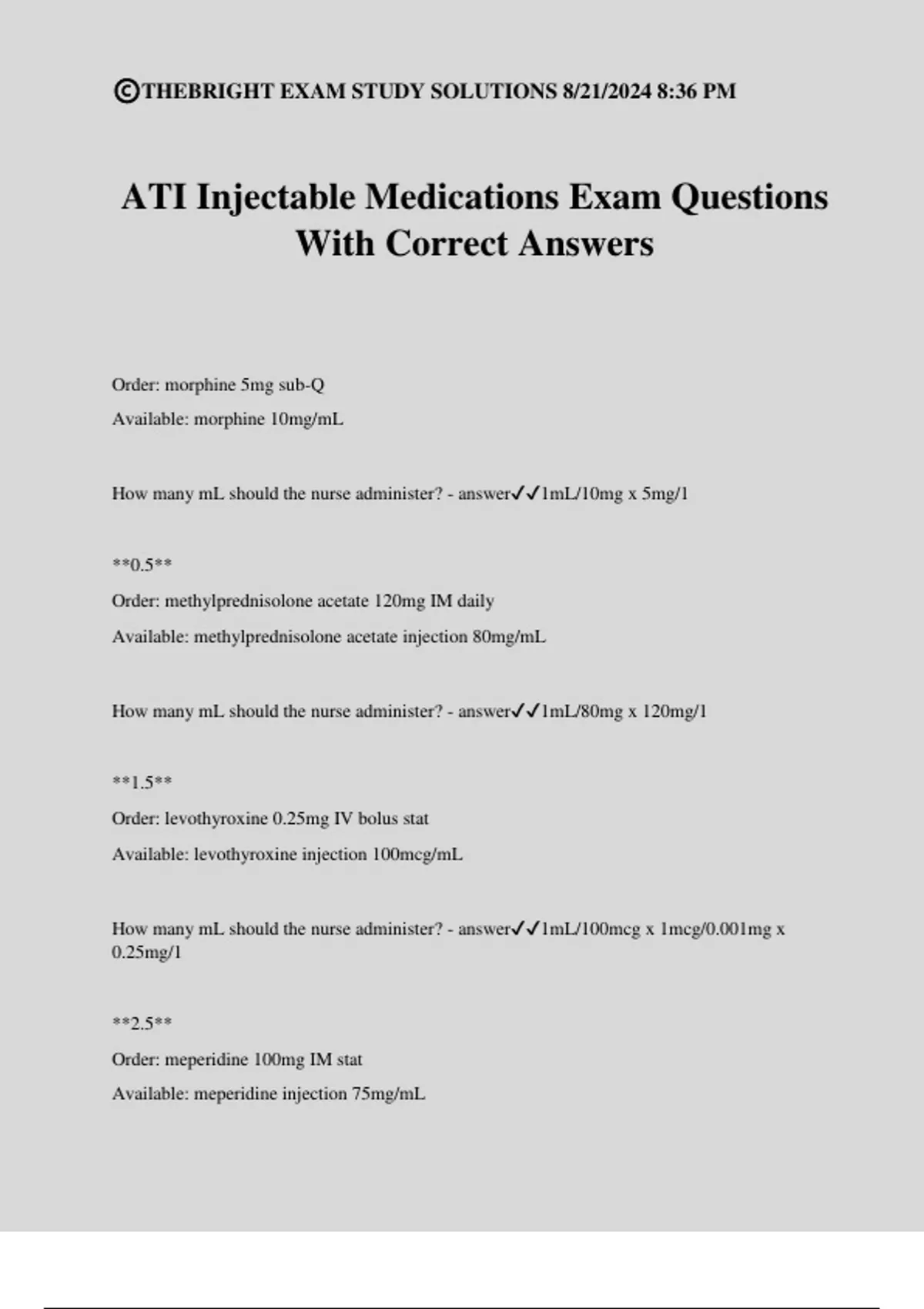 ATI Injectable Medications Exam Questions With Correct Answers - ATI ...