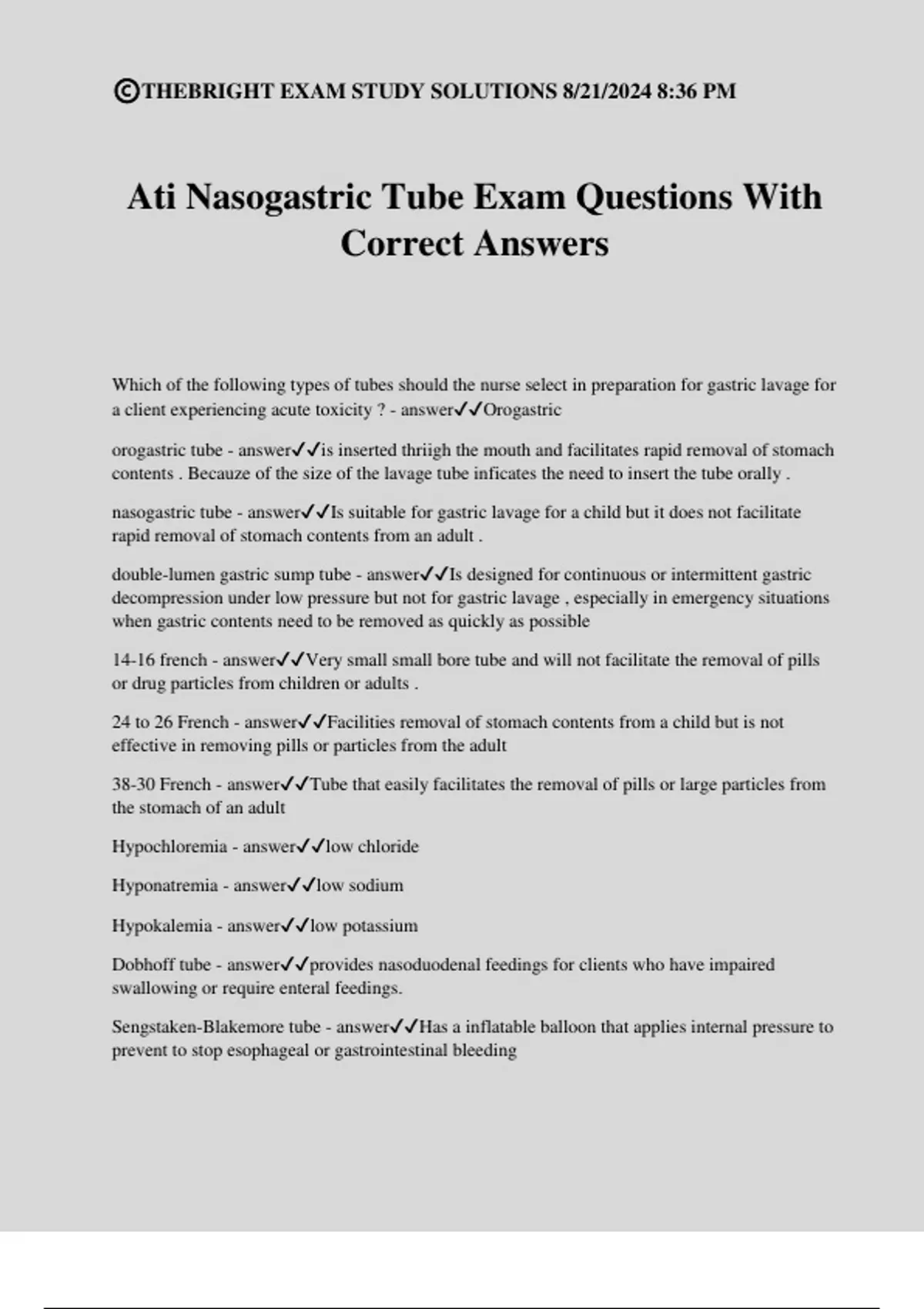 Ati Nasogastric Tube Exam Questions With Correct Answers - ATI ...