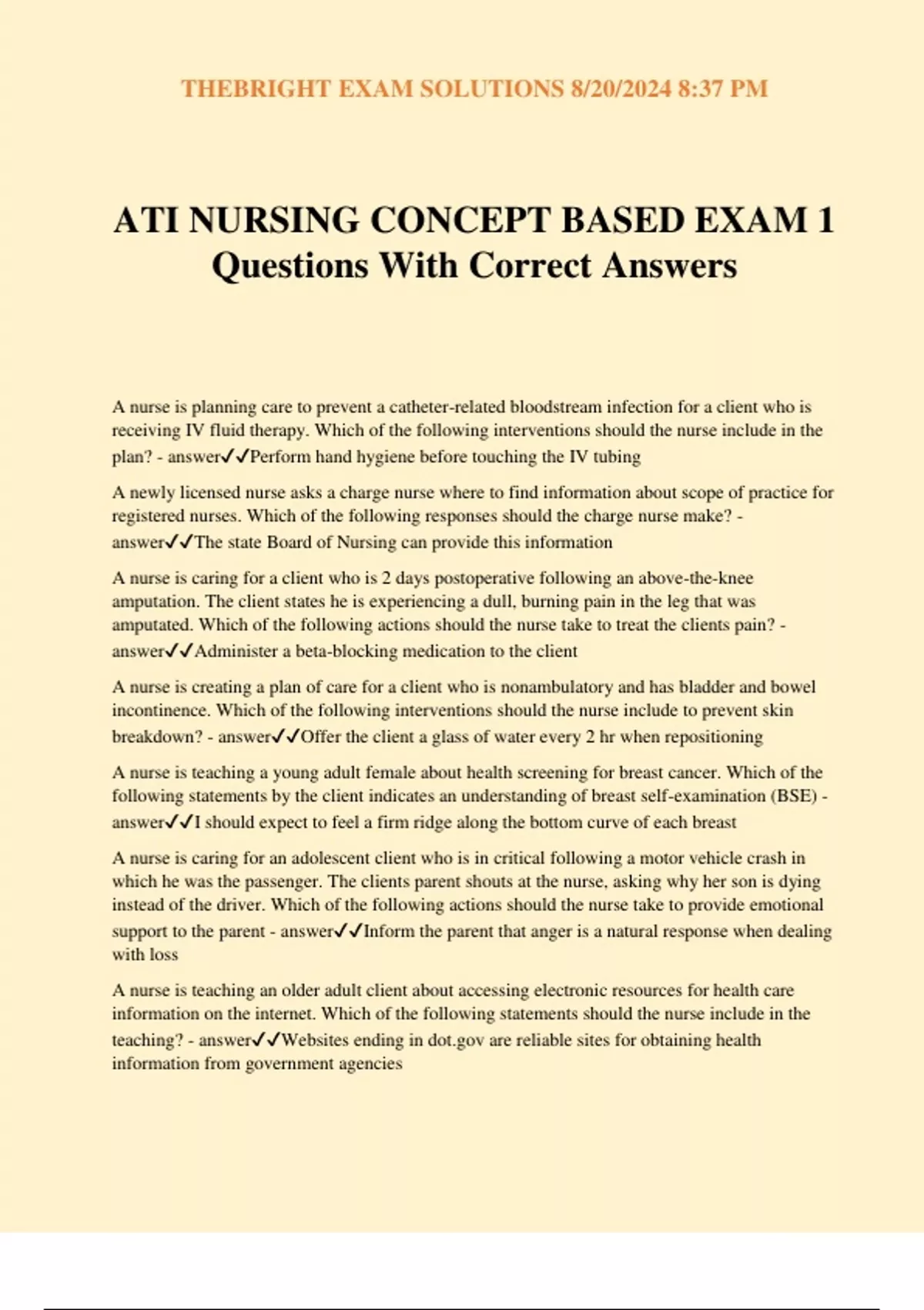ATI NURSING CONCEPT BASED EXAM 1 Questions With Correct Answers - ATI ...