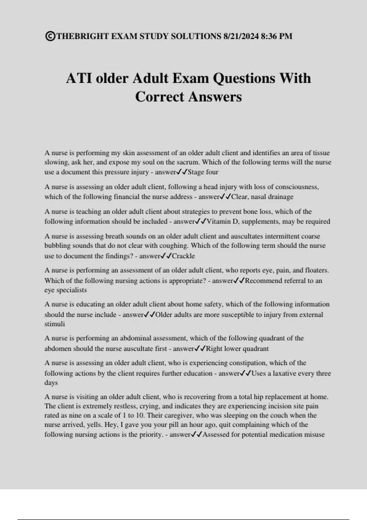 ATI older Adult Exam Questions With Correct Answers - ATI Older Adults ...