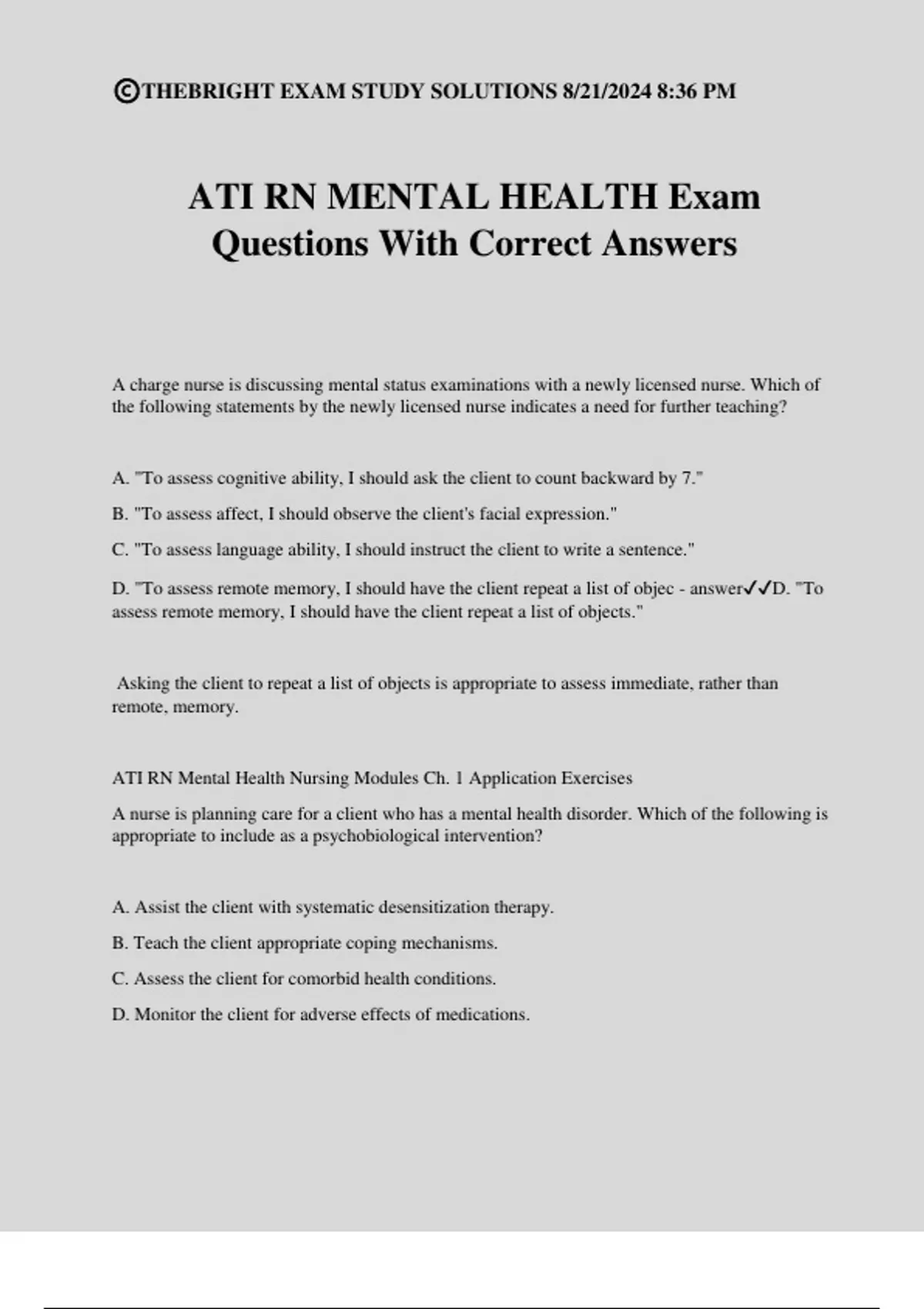ATI RN MENTAL HEALTH Exam Questions With Correct Answers - ATI RN ...