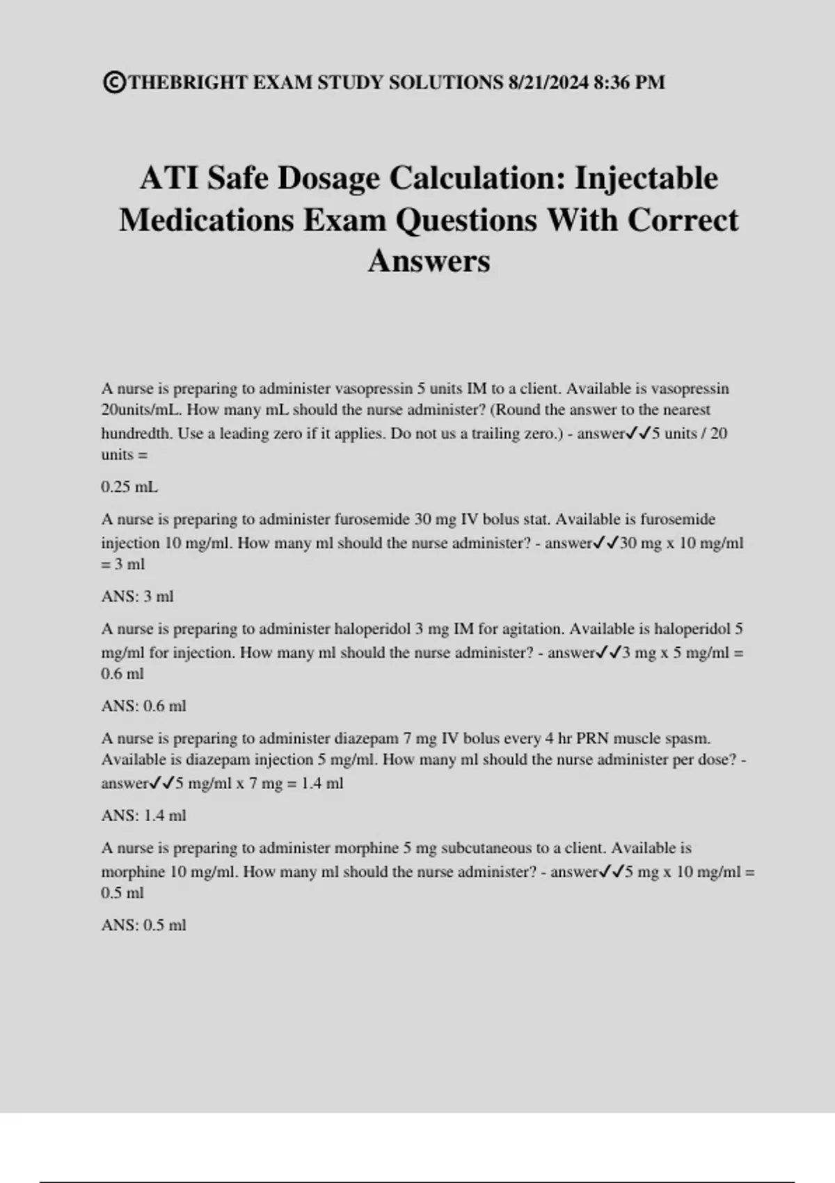 ATI Safe Dosage Calculation: Injectable Medications Exam Questions With ...