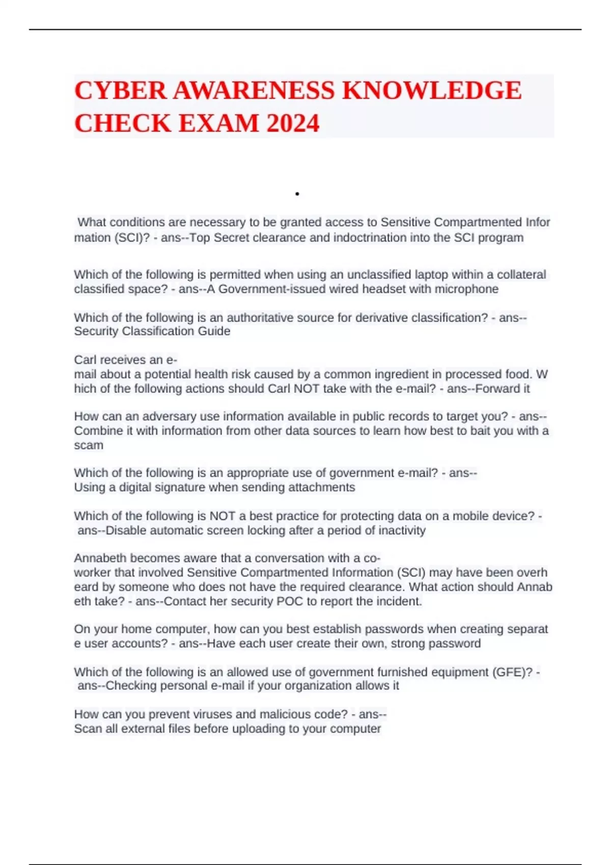 Cyber Awareness Challenge 2024 - DOD CYBER AWARENESS CHALLENGE - Stuvia US