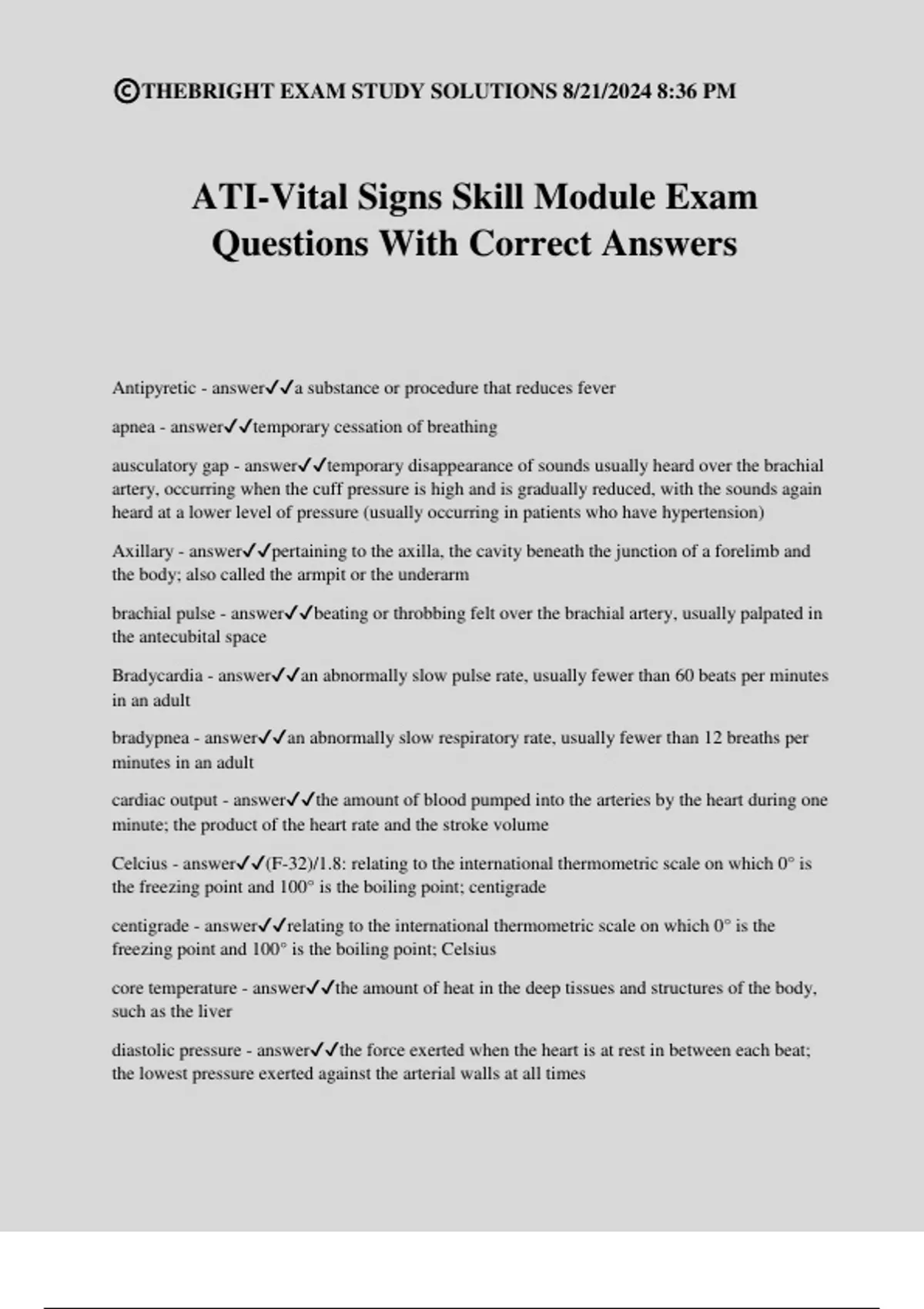 ATI-Vital Signs Skill Module Exam Questions With Correct Answers - ATI ...