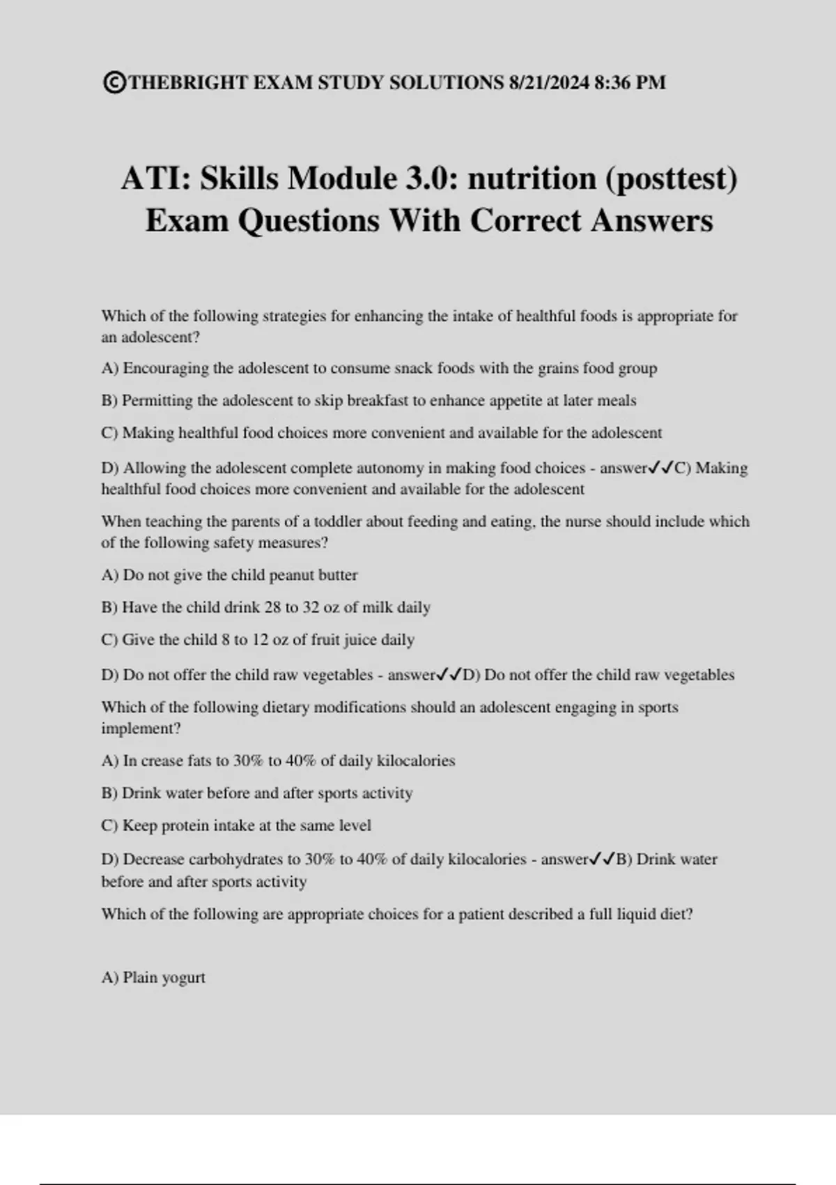 Ati Skills Module 3 0 Nutrition Posttest Exam Questions With Correct Answers Ati Skills