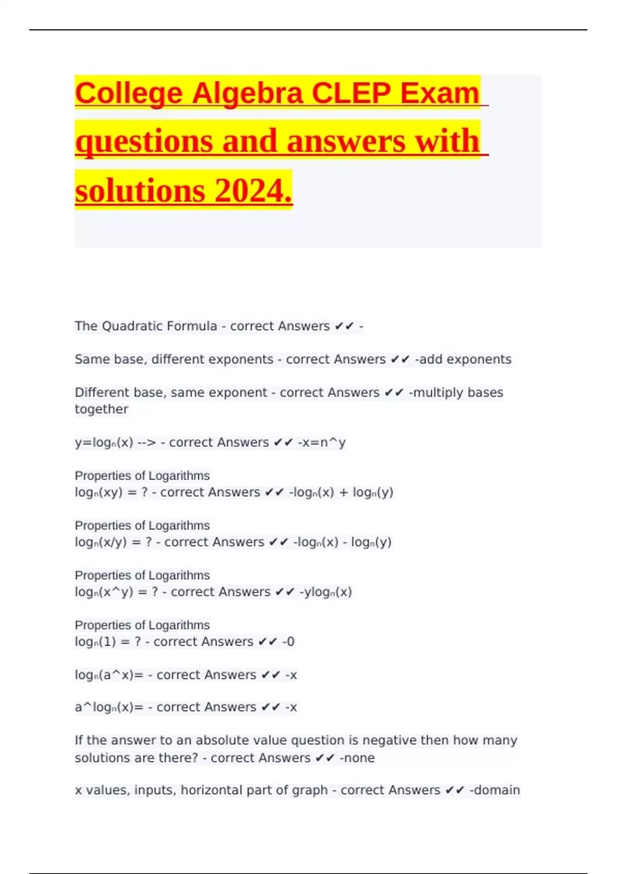 College Algebra CLEP Exam questions and answers with solutions 2024 ...
