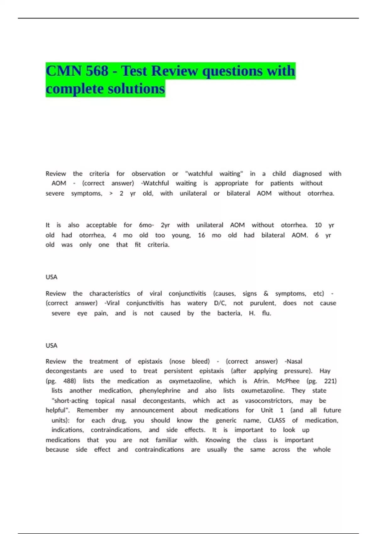 CMN 568 - Test Review questions with complete solutions. - CMN 568 ...