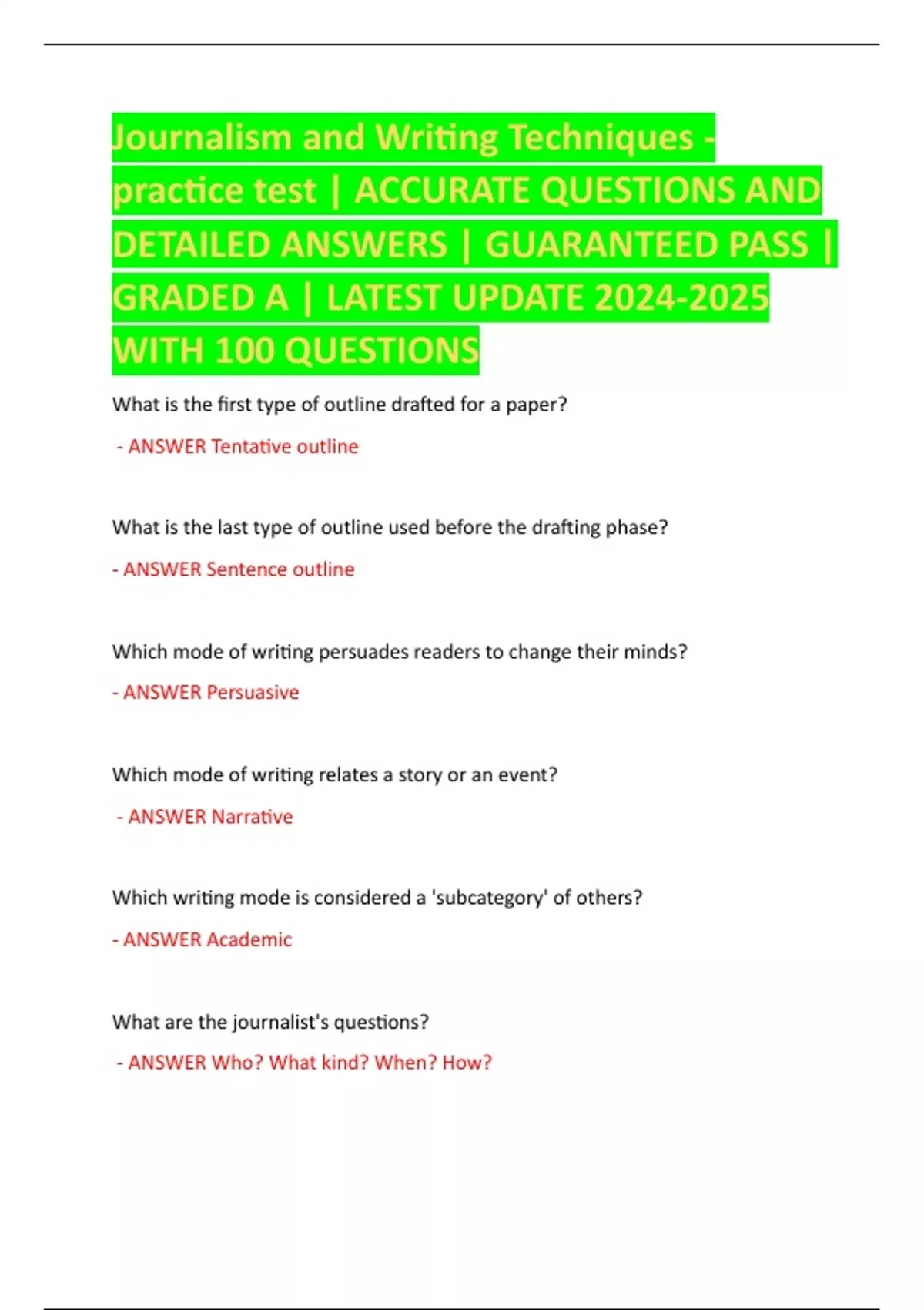 Journalism and Writing Techniques - practice test | ACCURATE QUESTIONS ...