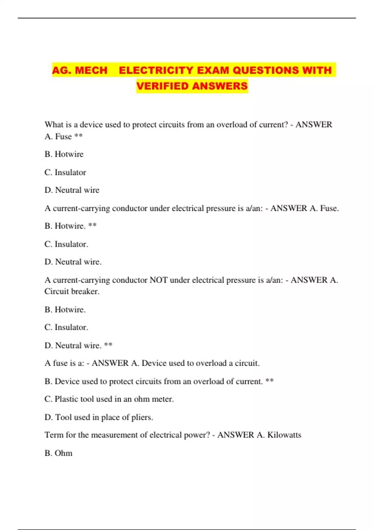 AG. MECH ELECTRICITY EXAM QUESTIONS WITH VERIFIED ANSWERS - AG. MECH ...
