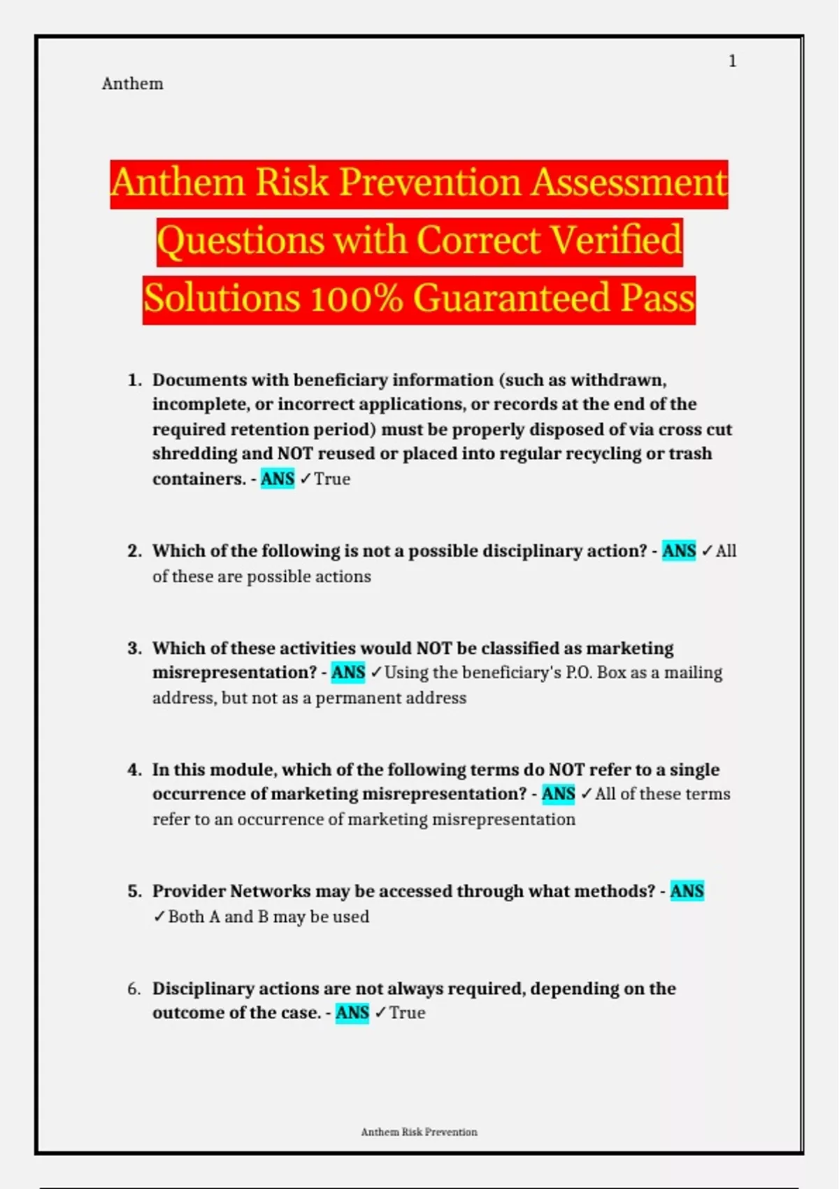 Anthem Risk Prevention Assessment Questions with Correct Verified ...