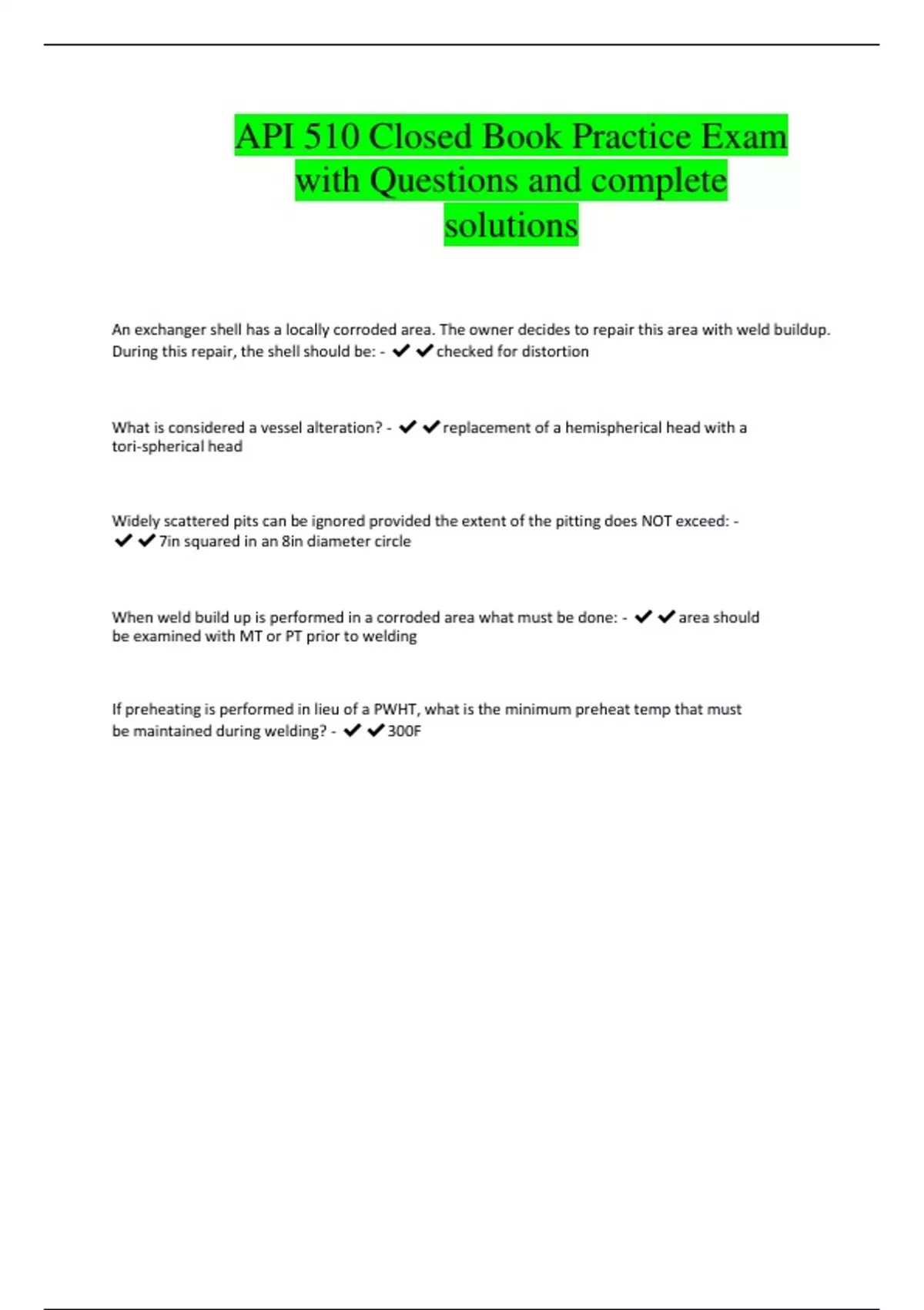 API 510 Closed Book Practice Exam with Questions and complete solutions ...