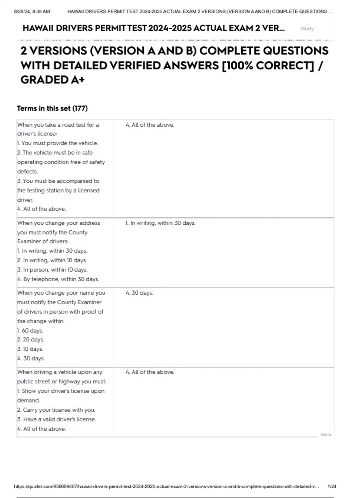 HAWAII DRIVERS PERMIT TEST ACTUAL EXAM 2 VERSIONS (VERSION A AND B ...